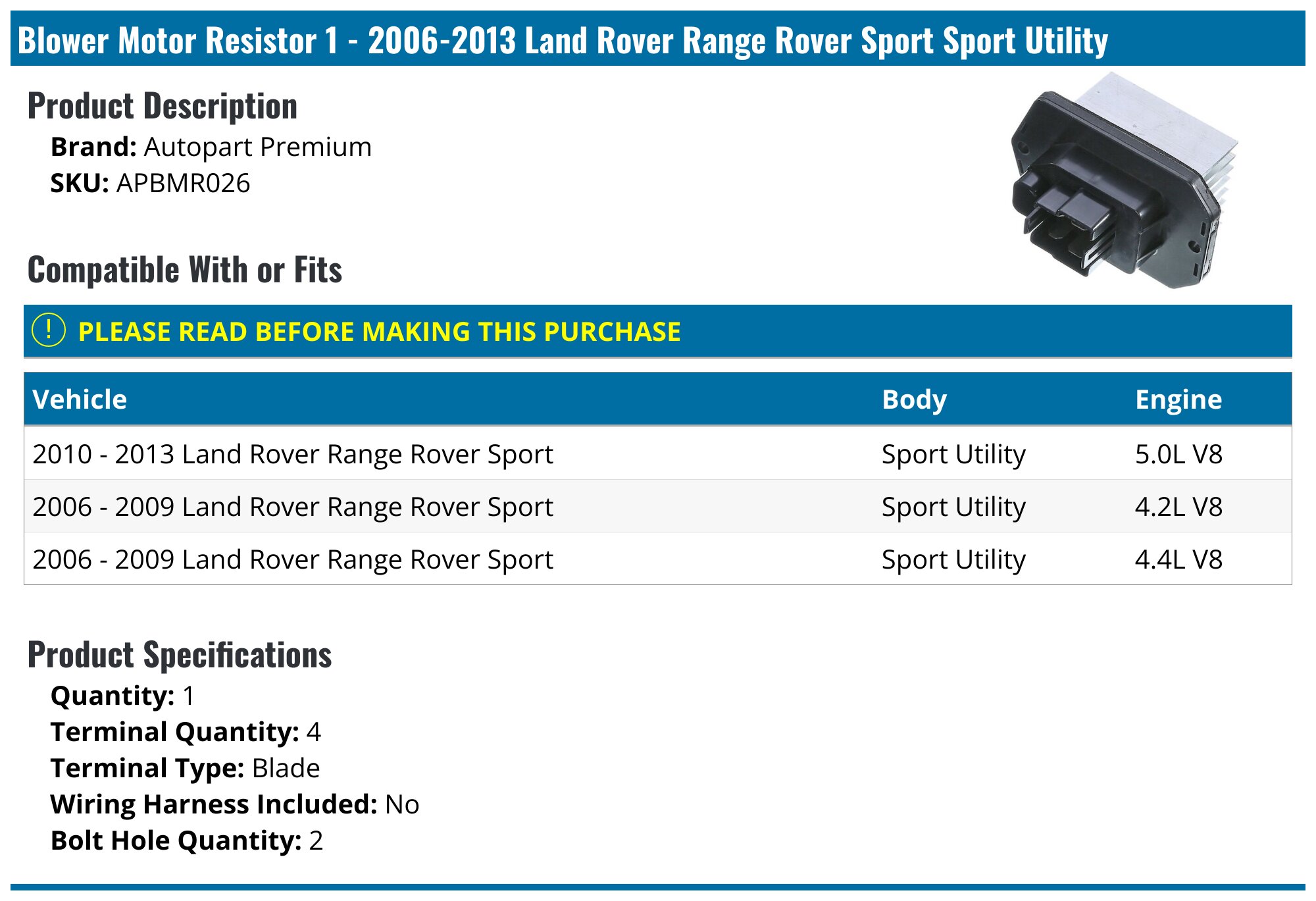 2006-2013 Land Rover Range Rover Sport Blower Motor Resistor - Autopart ...