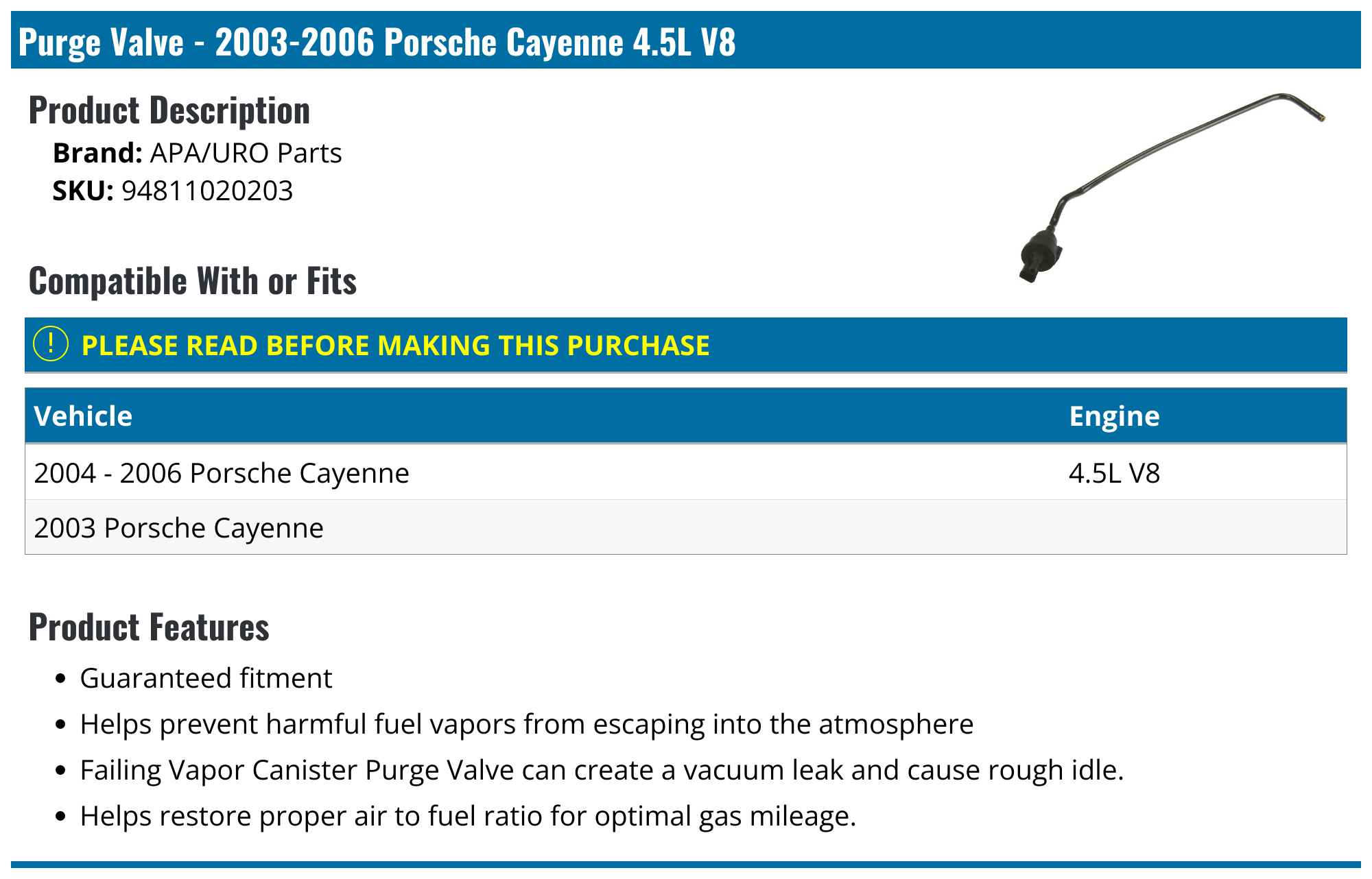 2003-2006 Porsche Cayenne Purge Valve - APA/URO Parts 94811020203 ...