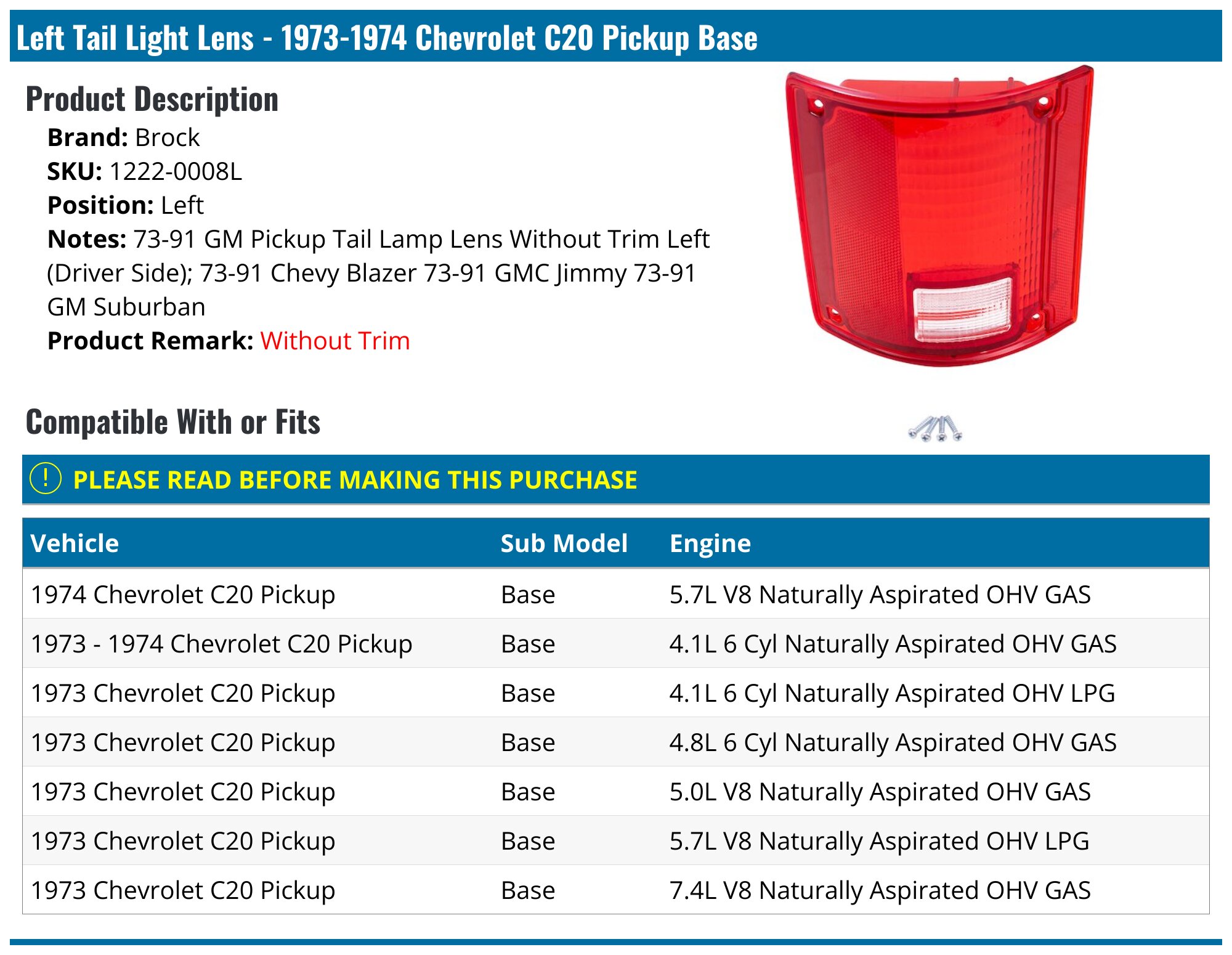 1973-1974 Chevrolet C20 Pickup Tail Light Assembly - Brock 1222-0008L ...