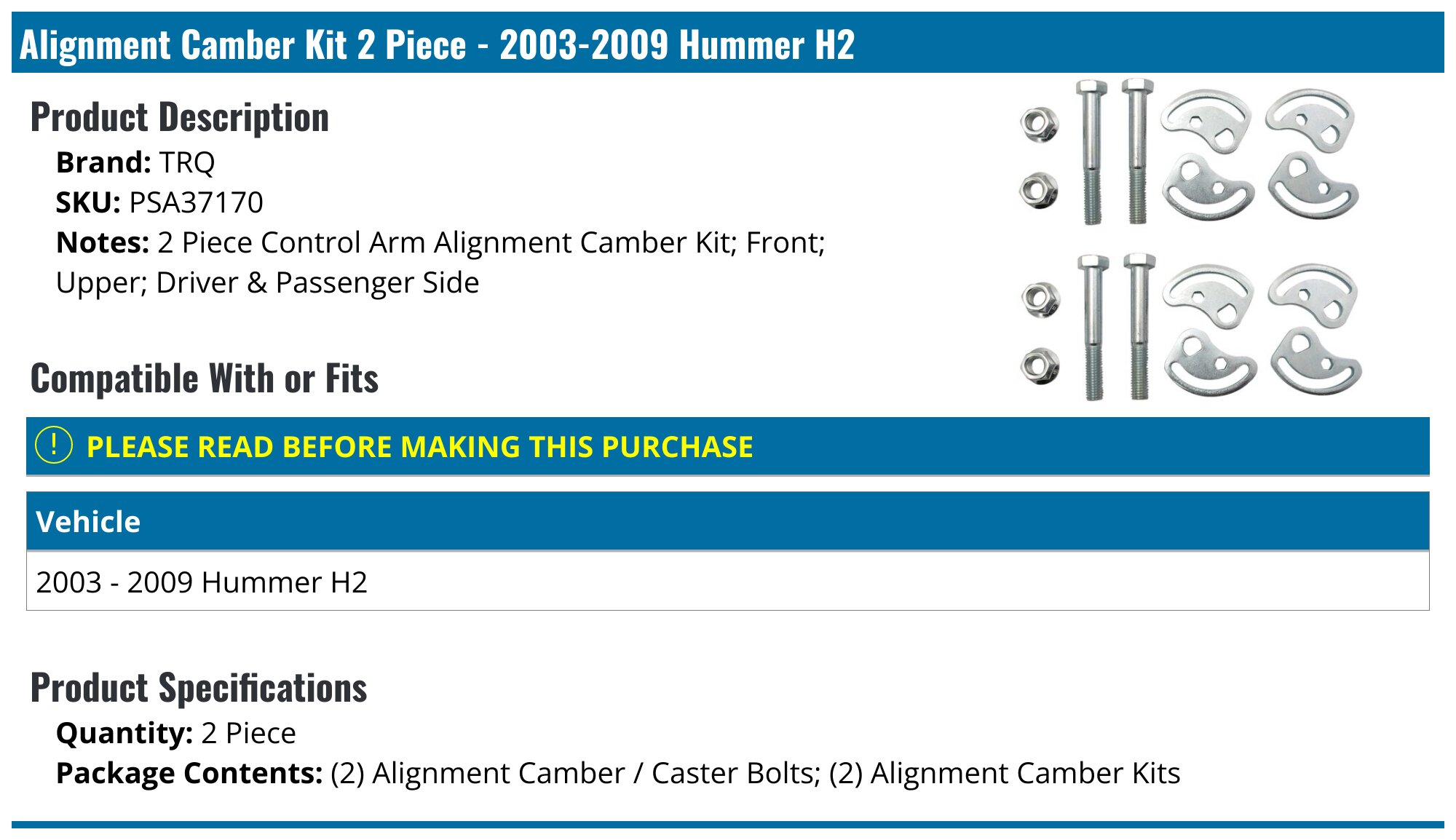 2003-2009 Hummer H2 Alignment Camber Kit - TRQ PSA37170 - Front Upper ...