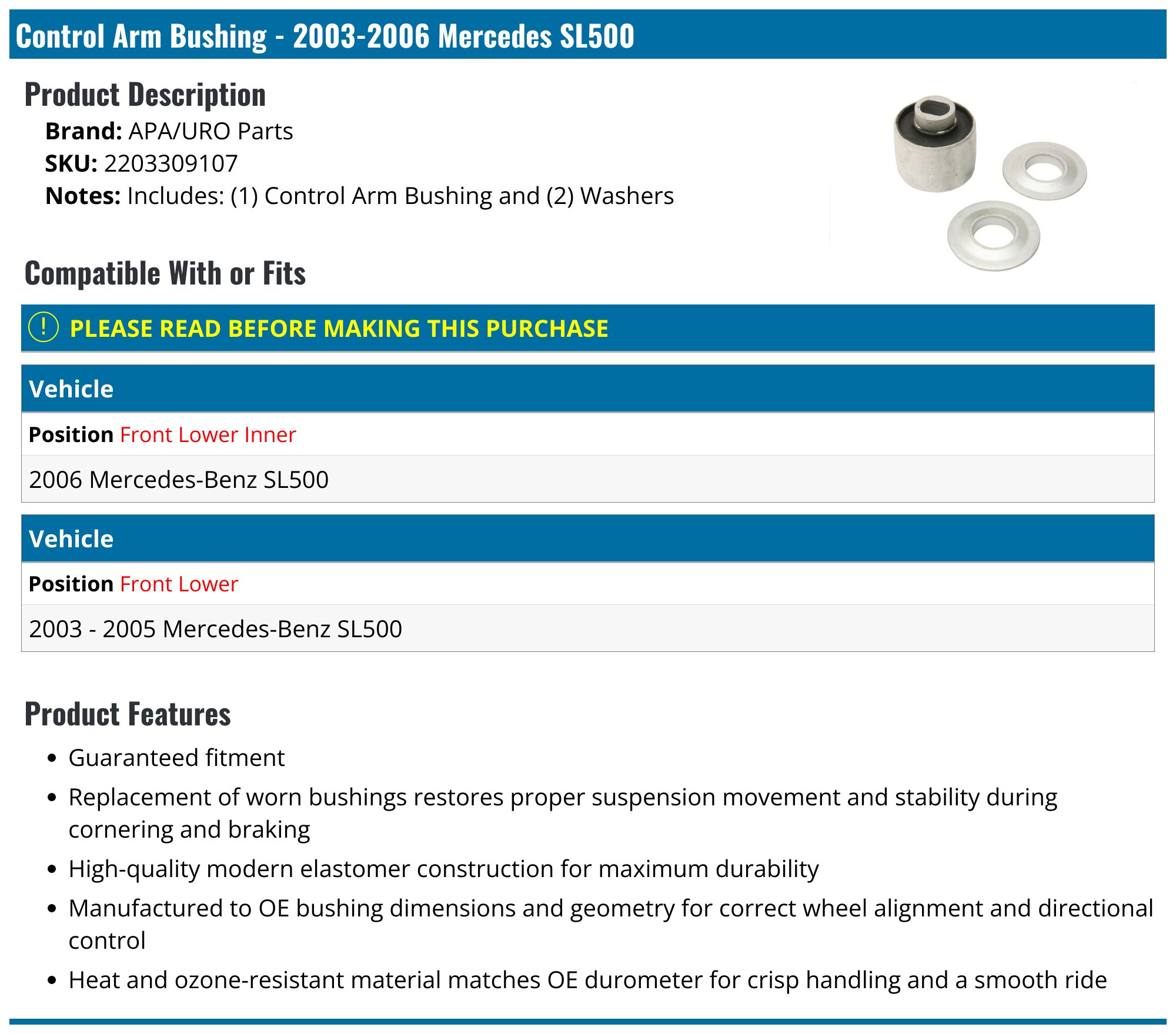 2006 Mercedes SL500 Control Arm Bushing - APA/URO Parts 2203309107 ...