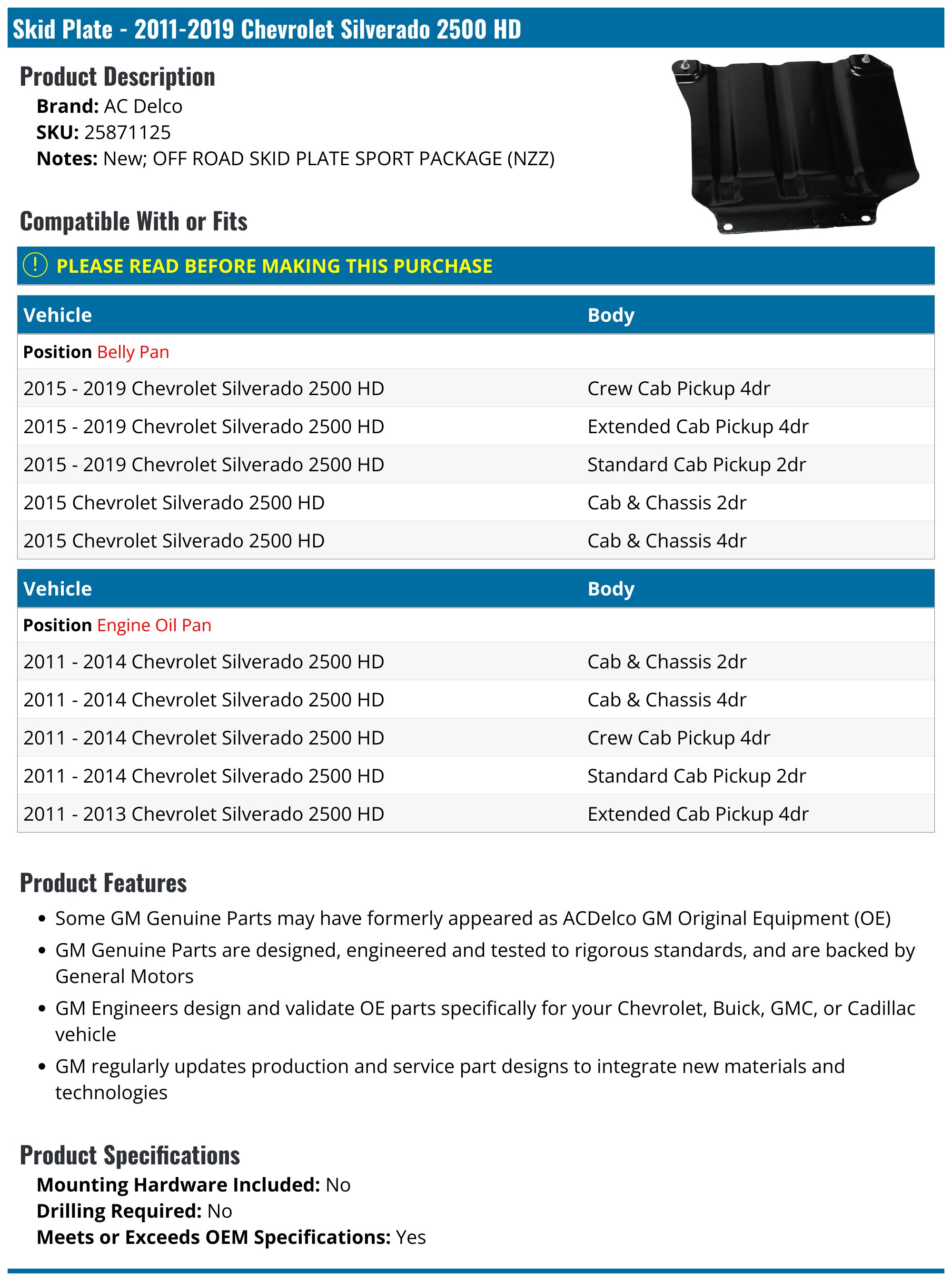 2011-2019 Chevrolet Silverado 2500 HD Lower Engine Cover - AC Delco ...
