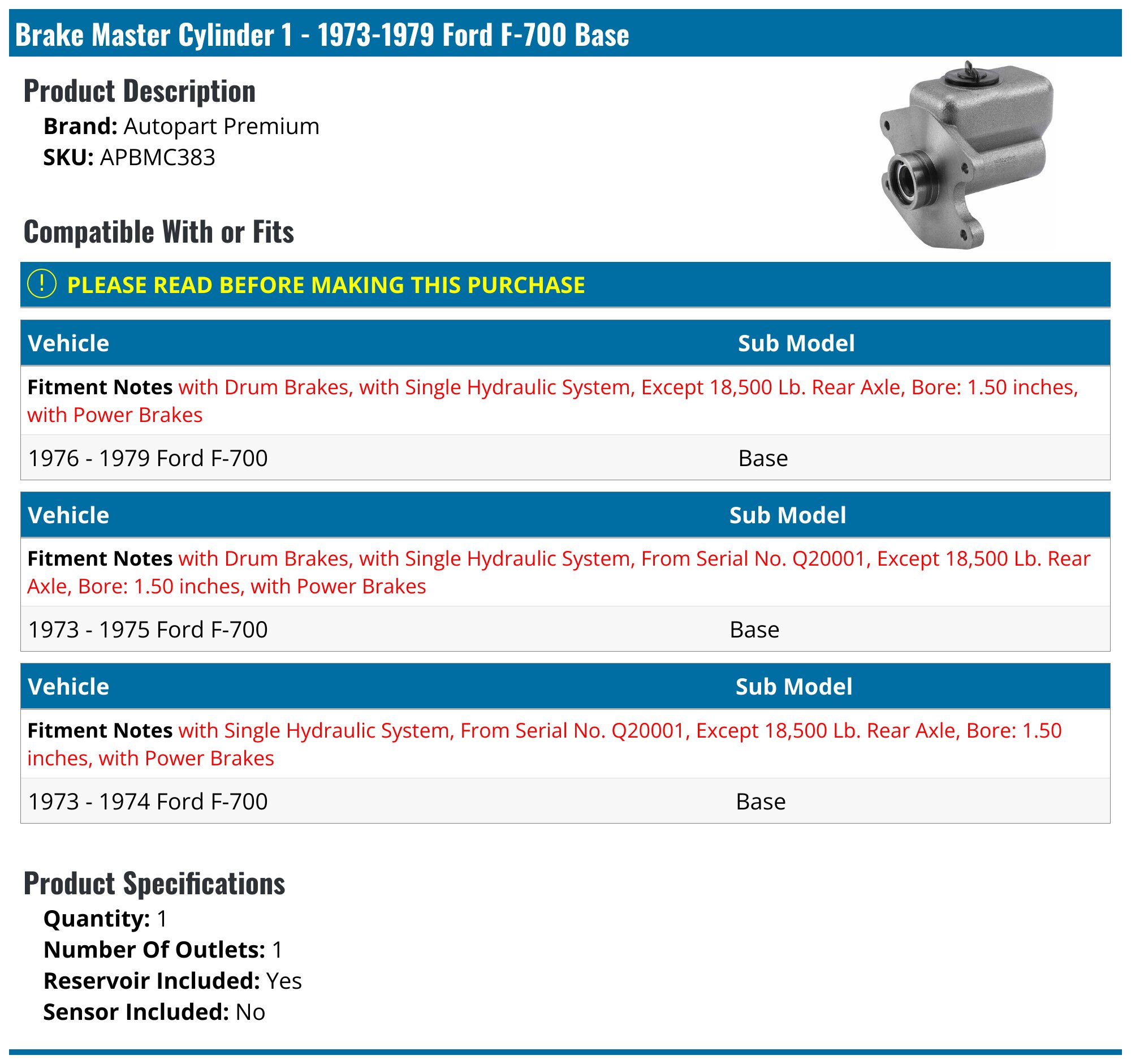 1973-1979 Ford F-700 Brake Master Cylinder - Autopart Premium APBMC383 ...