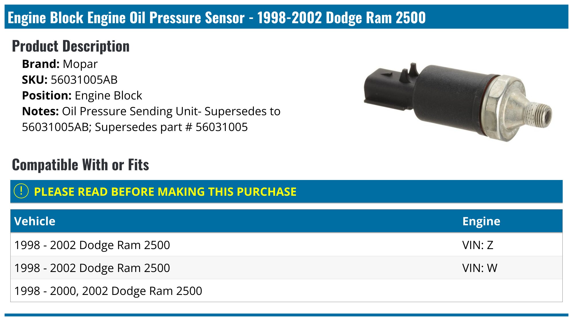 1998-2002 Dodge Ram 2500 Engine Oil Pressure Sensor - Mopar 56031005AB ...