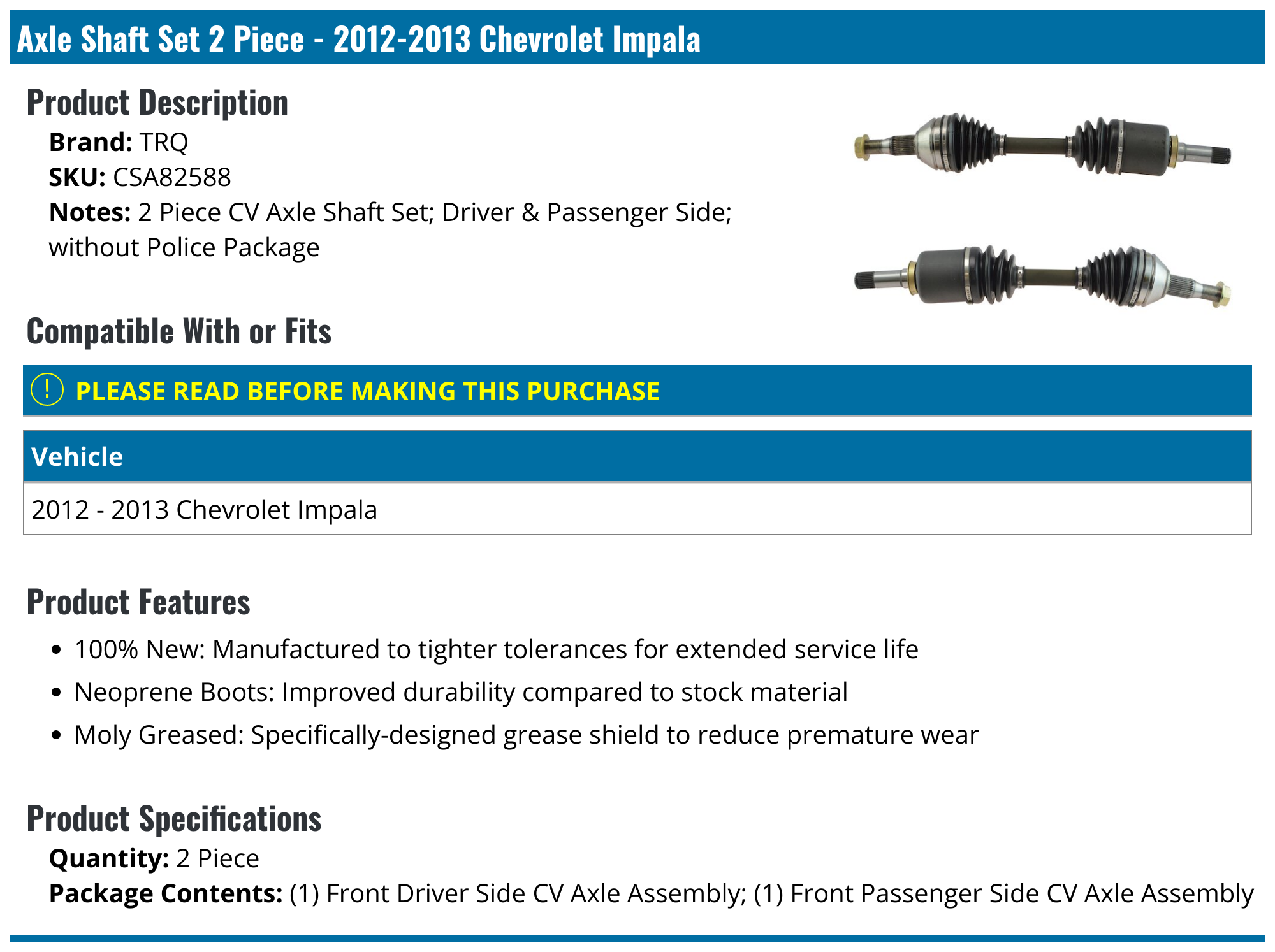 2012-2013 Chevrolet Impala Axle Assembly - TRQ CSA82588 - Front ...
