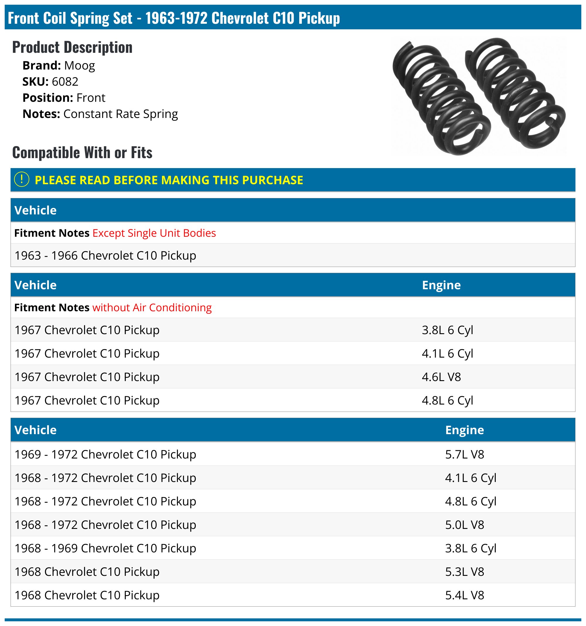 1963-1972 Chevrolet C10 Pickup Coil Spring - Moog 6082 - Front ...
