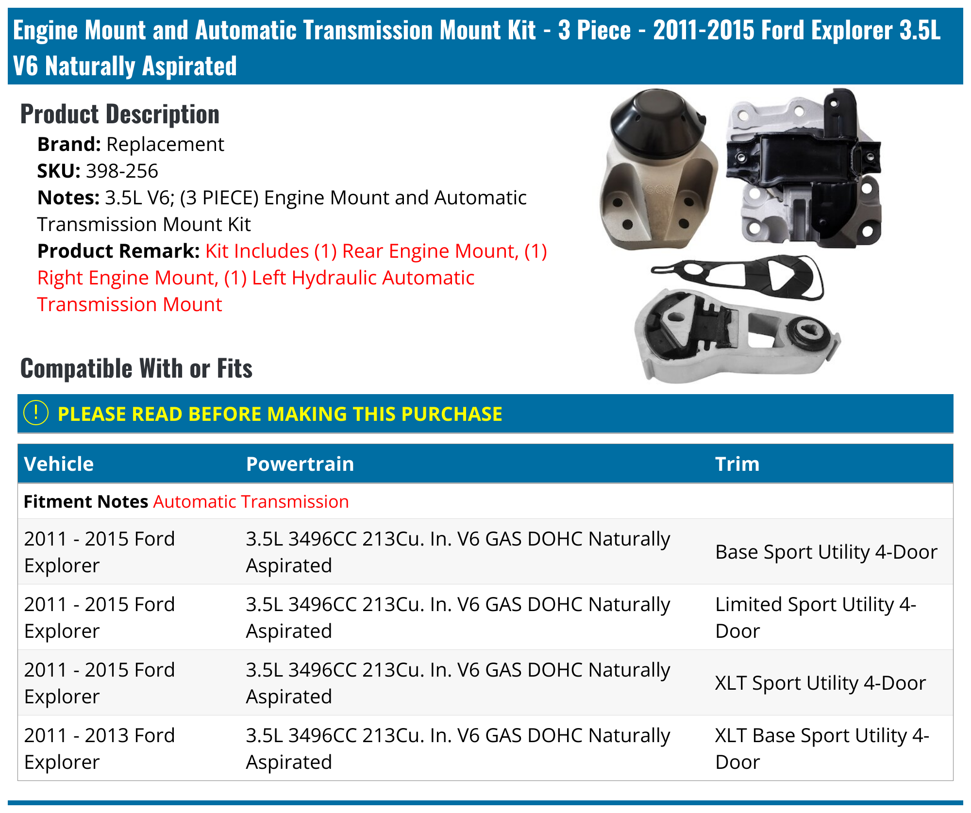 2011-2015 Ford Explorer Engine Mount - Replacement 398-256 - PartsGeek.com