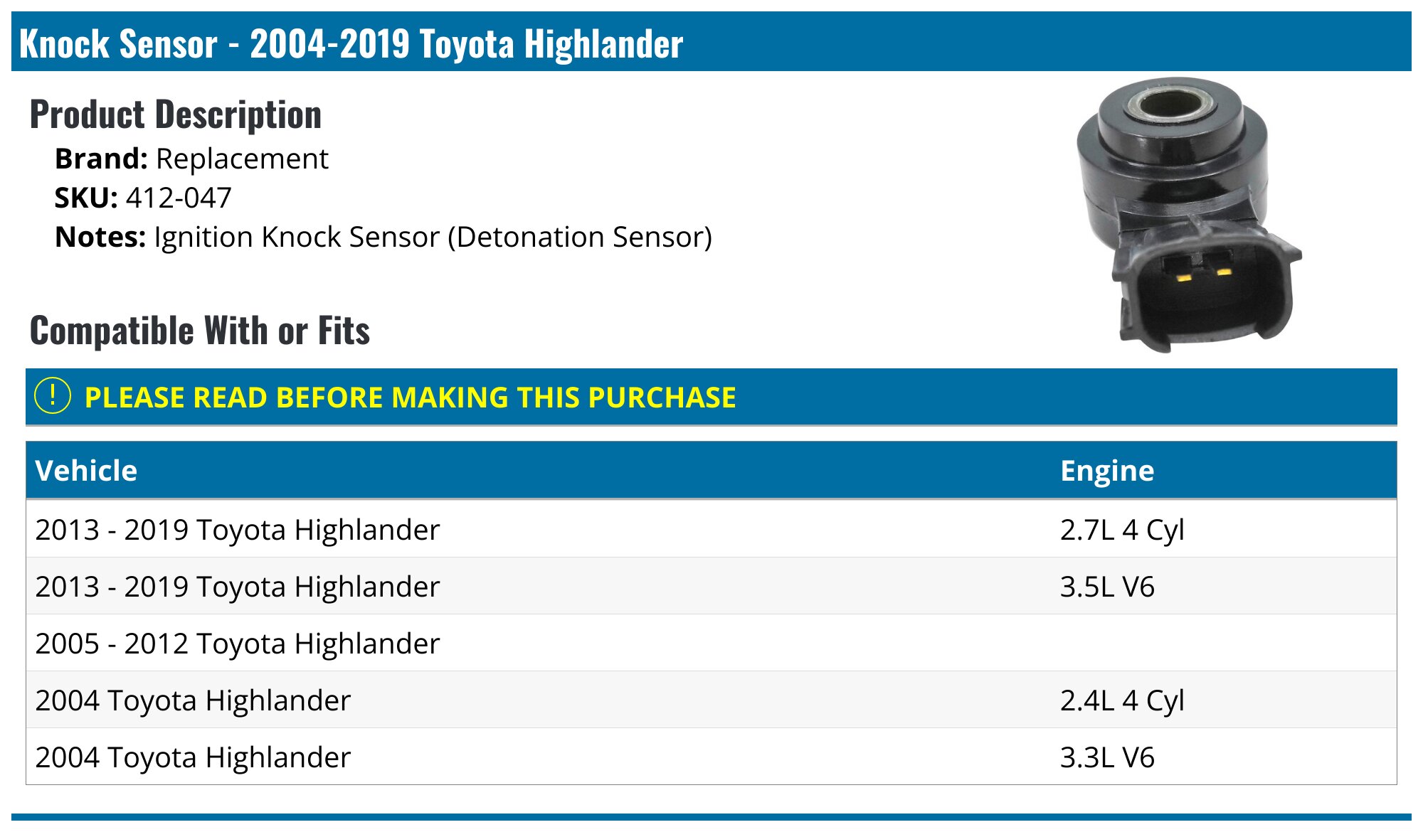 2004-2022 Toyota Highlander Knock Sensor - Replacement 412-047 ...