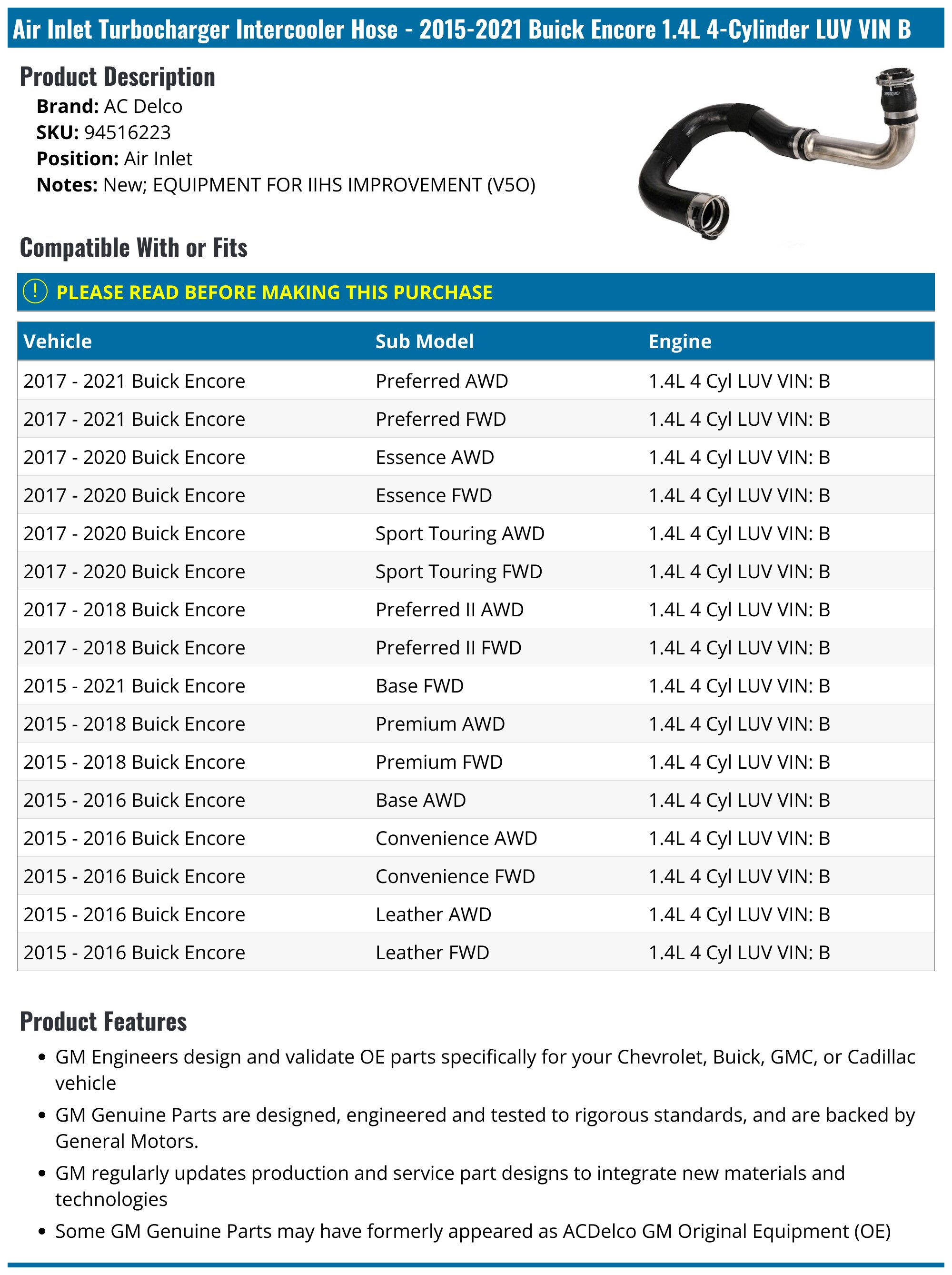 2015-2021 Buick Encore Turbocharger Intercooler Hose - AC Delco ...