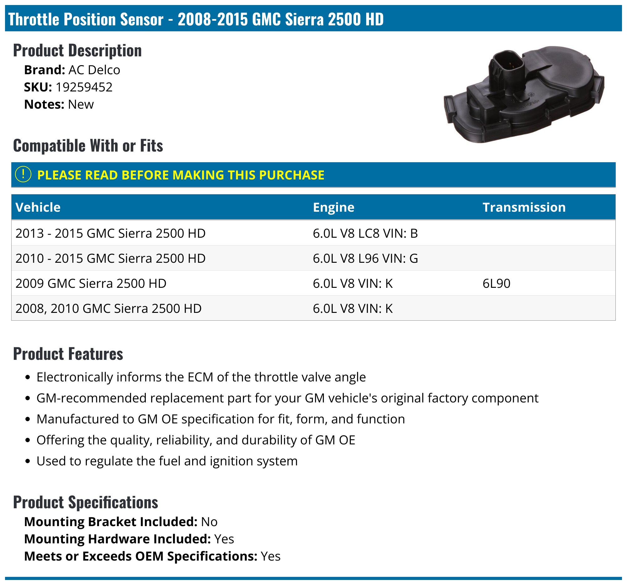 2008-2015 GMC Sierra 2500 HD Throttle Position Sensor - AC Delco ...