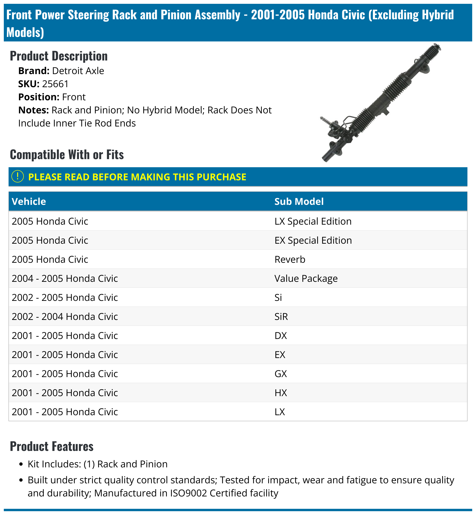 2001-2005 Honda Civic Steering Rack - Detroit Axle 25661 - Front ...