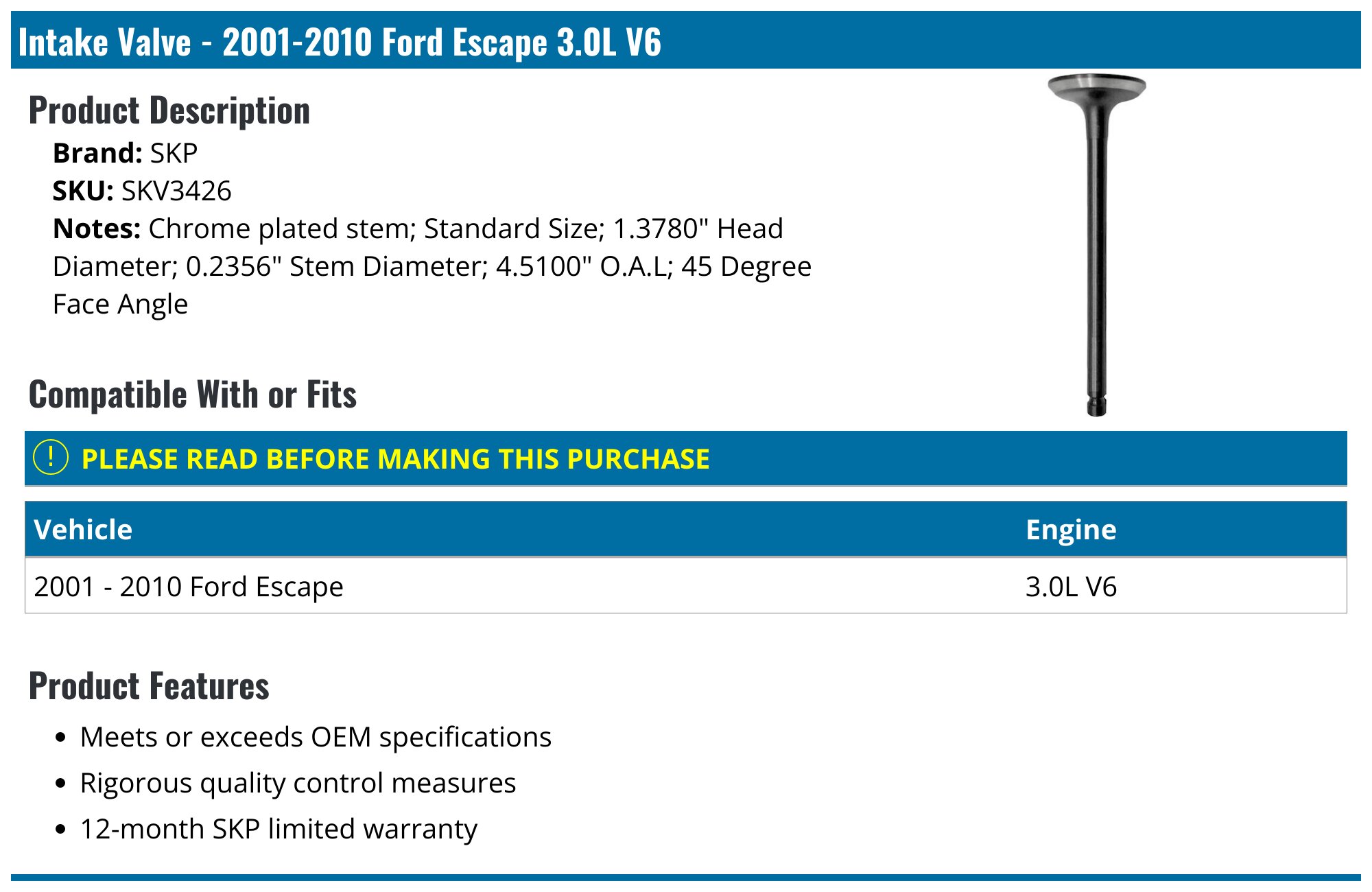 2001-2010 Ford Escape Intake Valve - SKP SKV3426 - PartsGeek.com