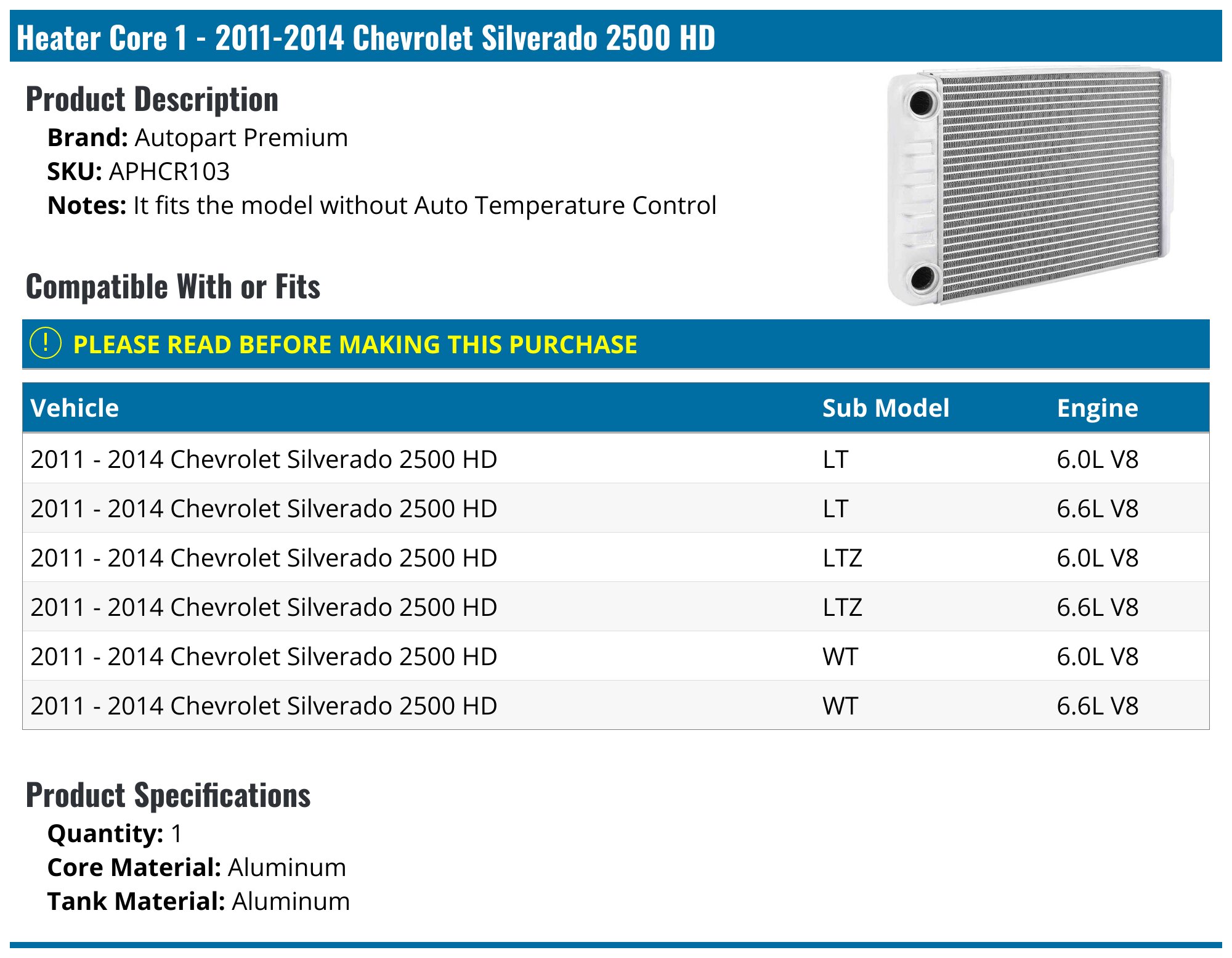 2011-2014 Chevrolet Silverado 2500 HD Heater Core - Autopart Premium ...