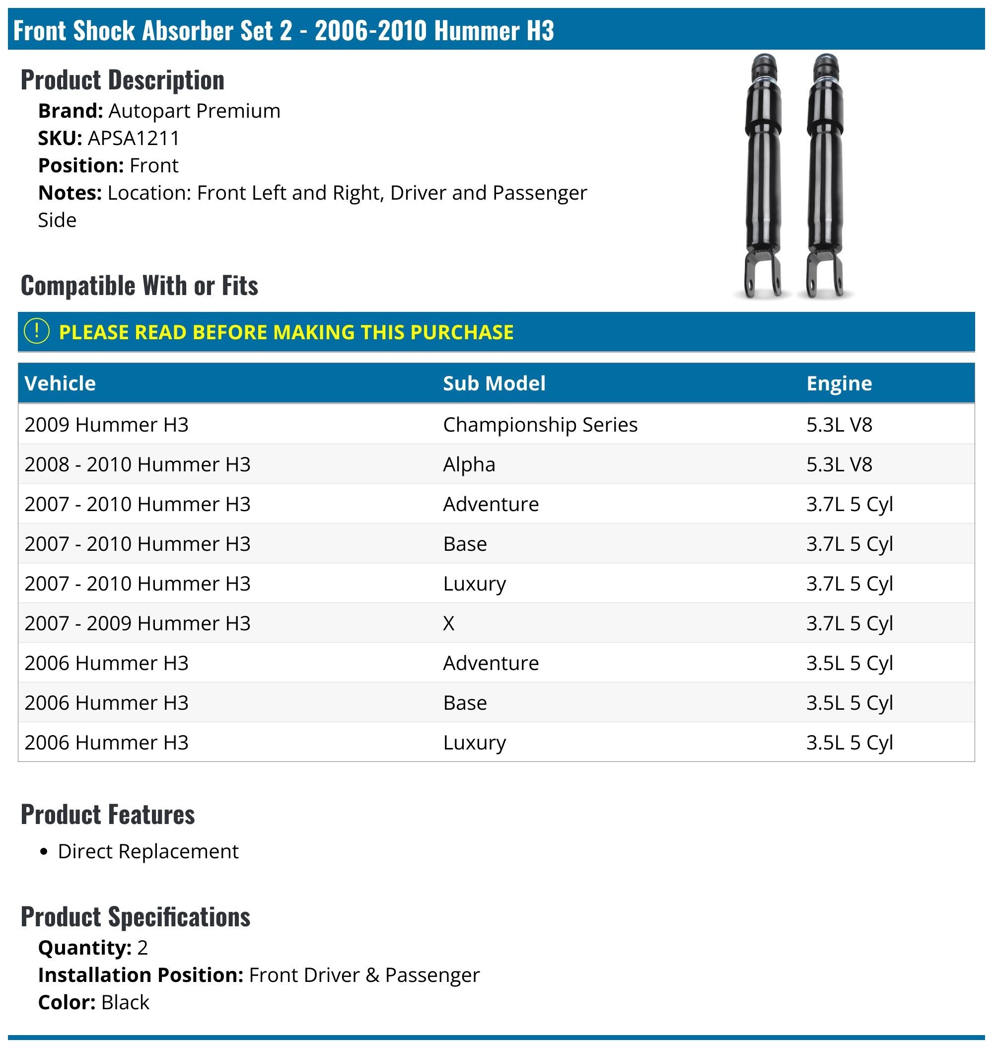2006-2010 Hummer H3 Shock Absorber - Autopart Premium APSA1211 - Front ...