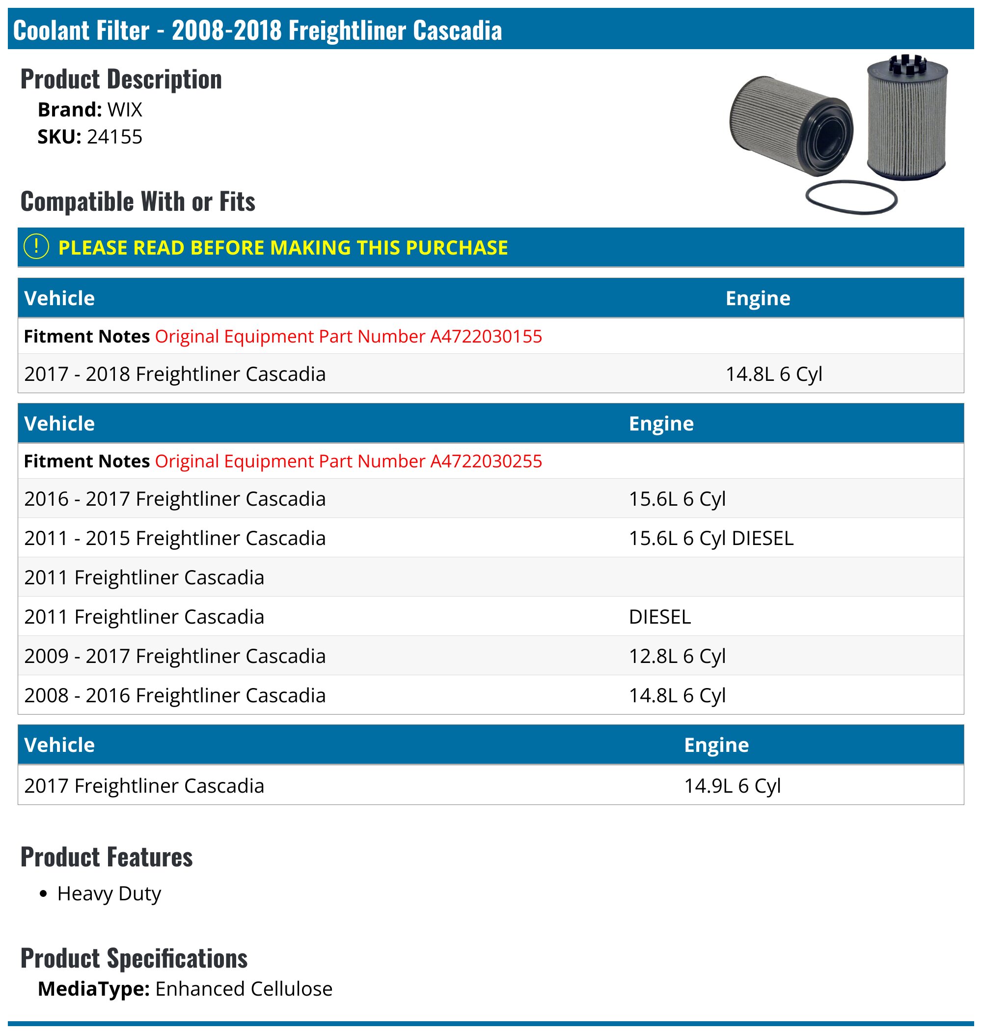 2008-2018 Freightliner Cascadia Coolant Filter - WIX 24155 - PartsGeek.com