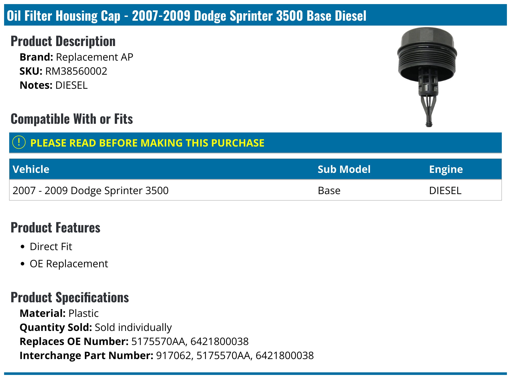 2007-2009 Dodge Sprinter 3500 Oil Filter Housing Cap - Replacement AP ...