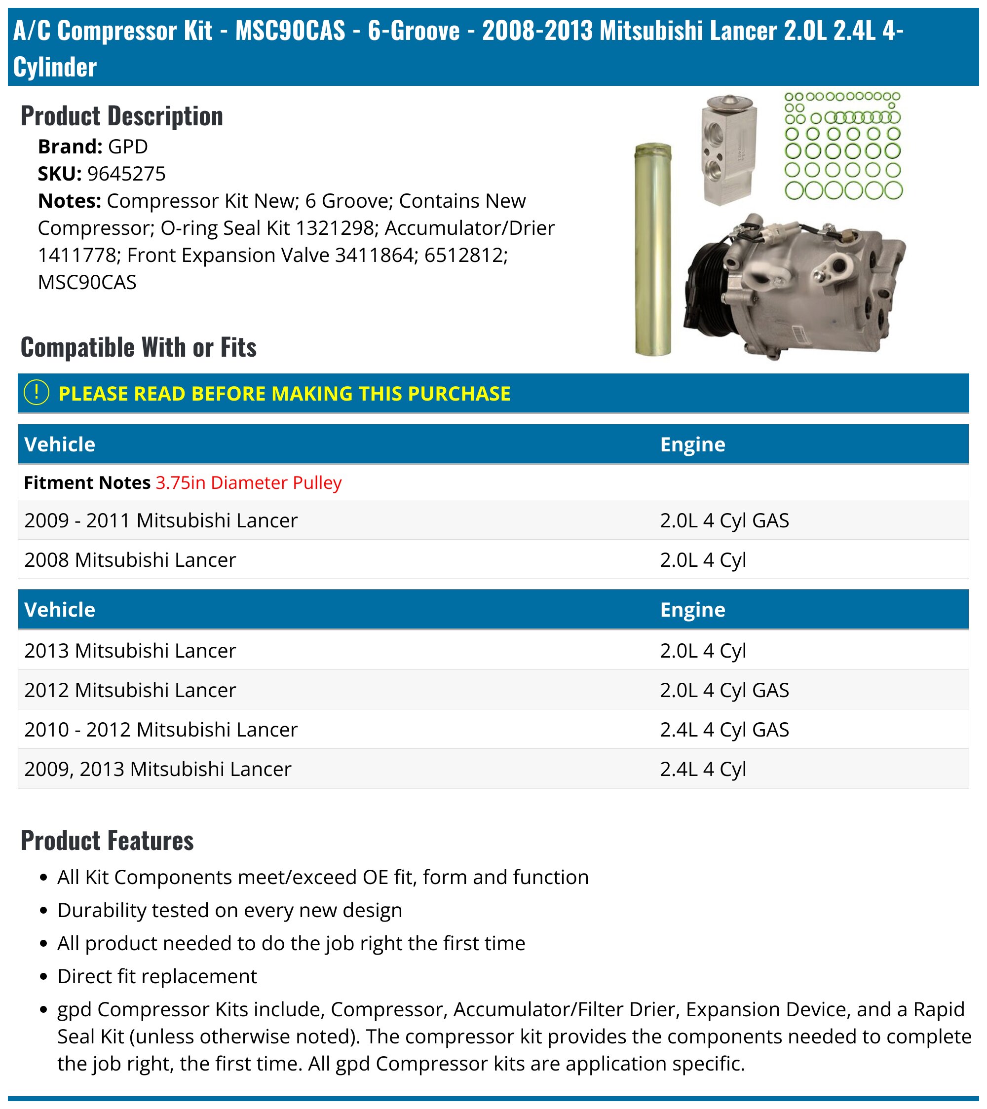 2008-2009 Mitsubishi Lancer A/C Compressor - GPD 9645275 - PartsGeek.com