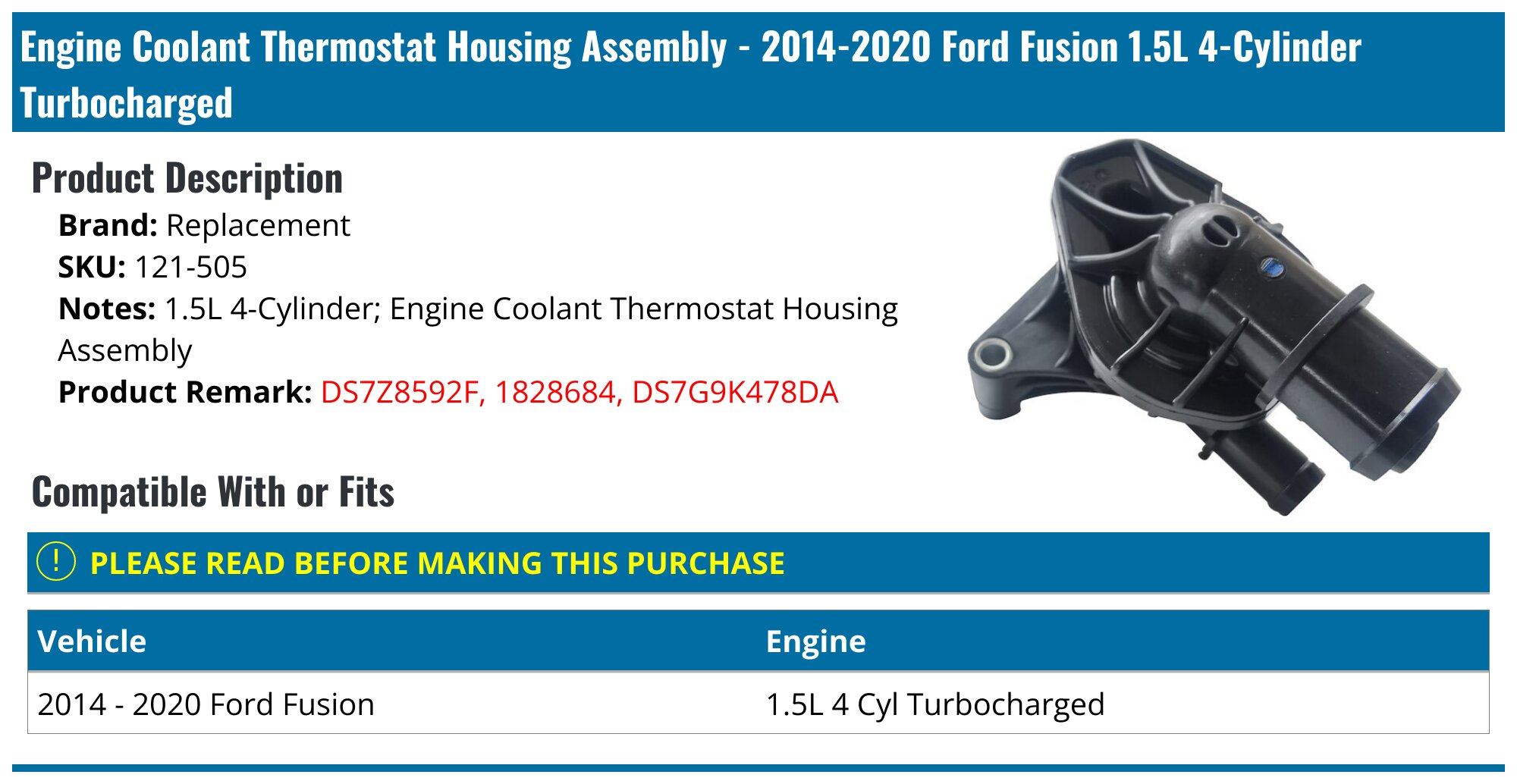 2014-2020 Ford Fusion Thermostat Housing - Replacement 121-505 ...