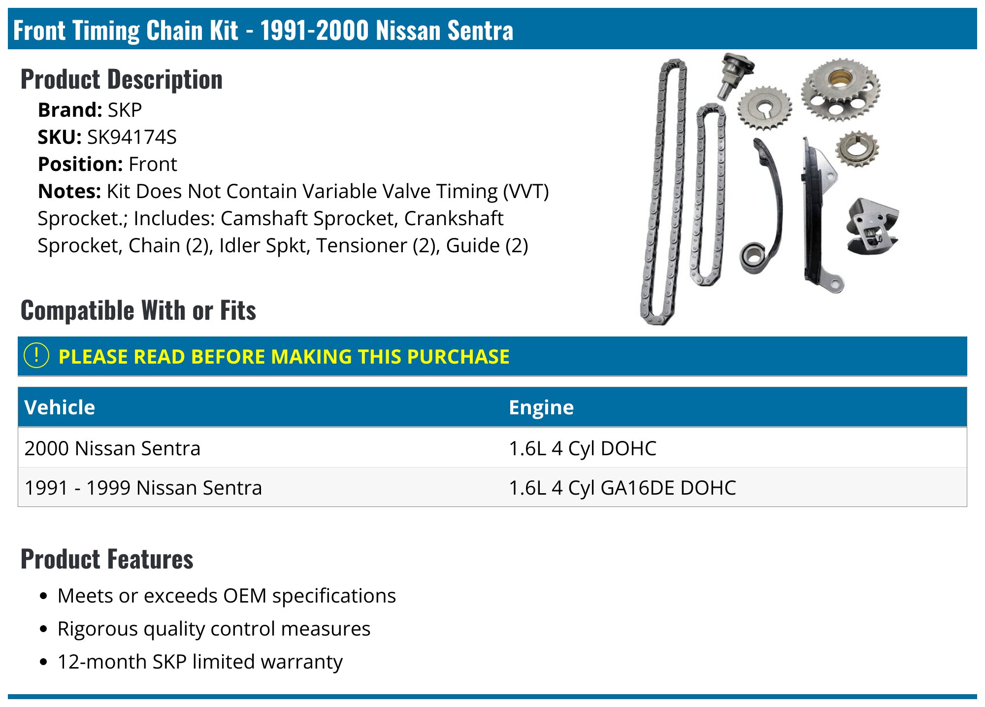 1991-2000 Nissan Sentra Timing Chain - SKP SK94174S - Front - PartsGeek.com