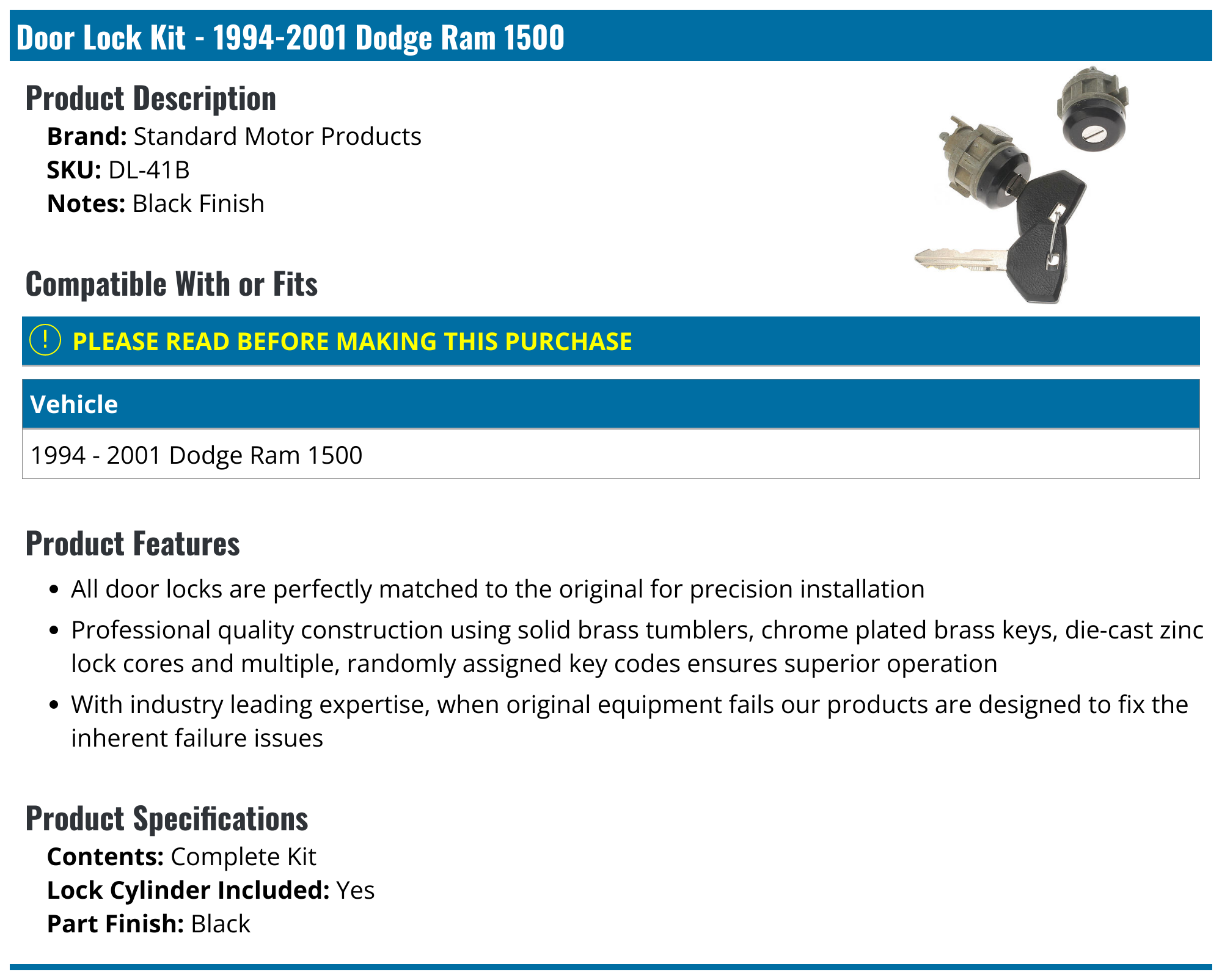 1994-2001 Dodge Ram 1500 Door Lock Kit - Standard Motor Products DL-41B ...