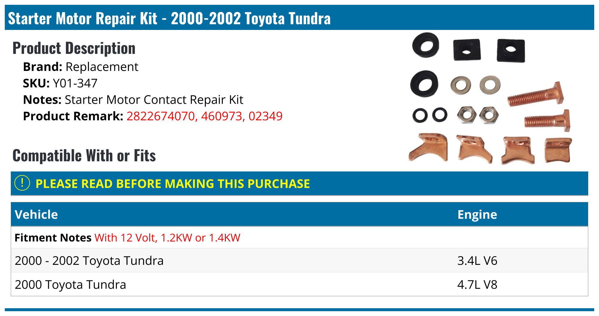 2000-2002 Toyota Tundra Starter Motor Repair Kit - Replacement Y01-347 ...