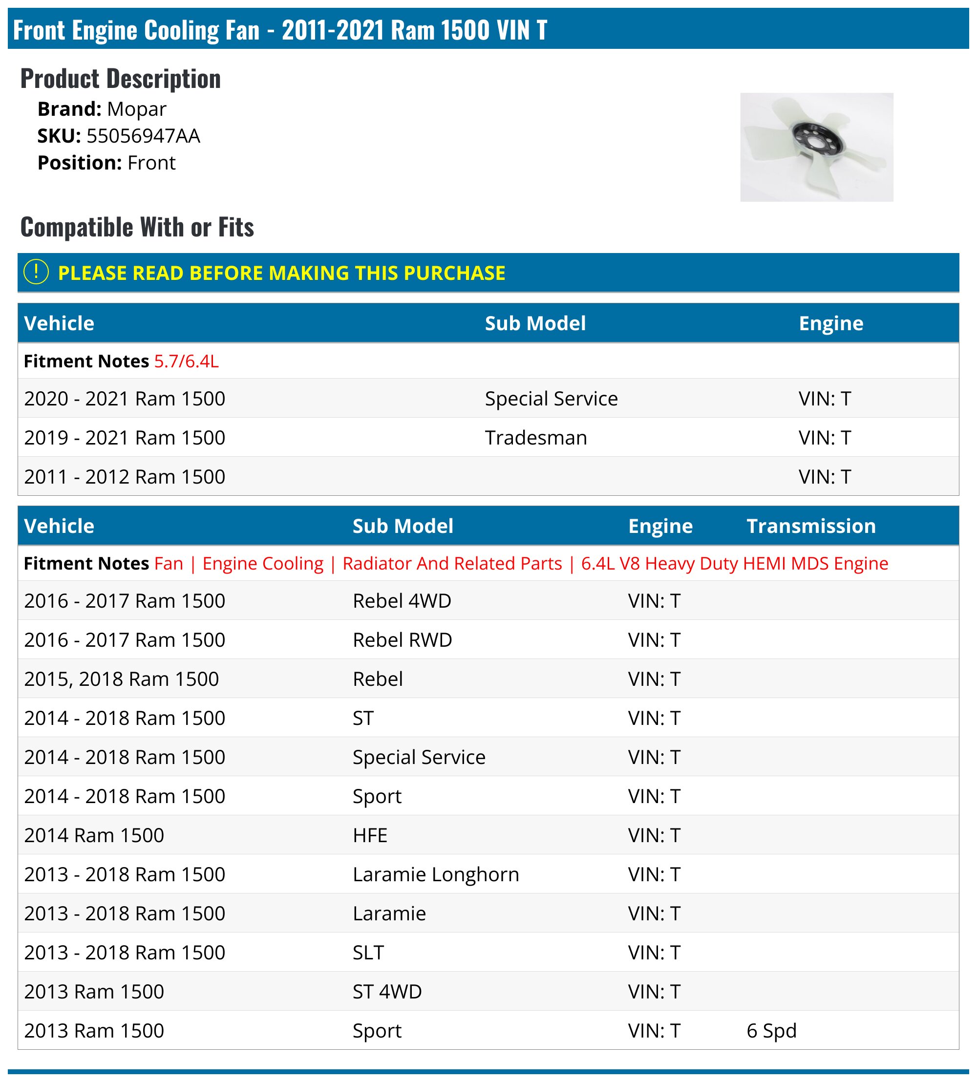 2011-2021 Ram 1500 Radiator Fan Assembly - Mopar 55056947AA - Front ...