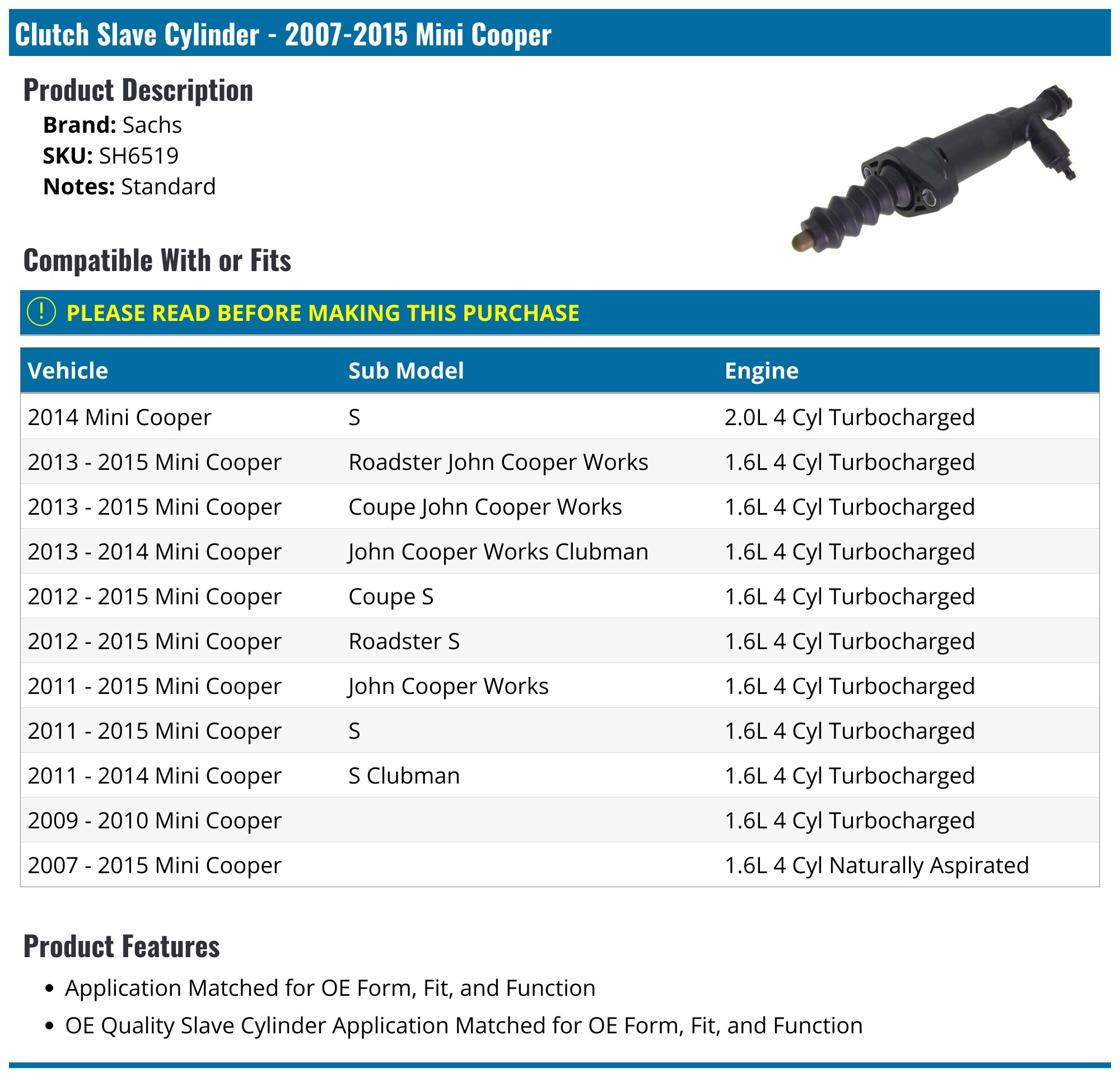 2007-2015 Mini Cooper Clutch Slave Cylinder - Sachs SH6519 - PartsGeek.com