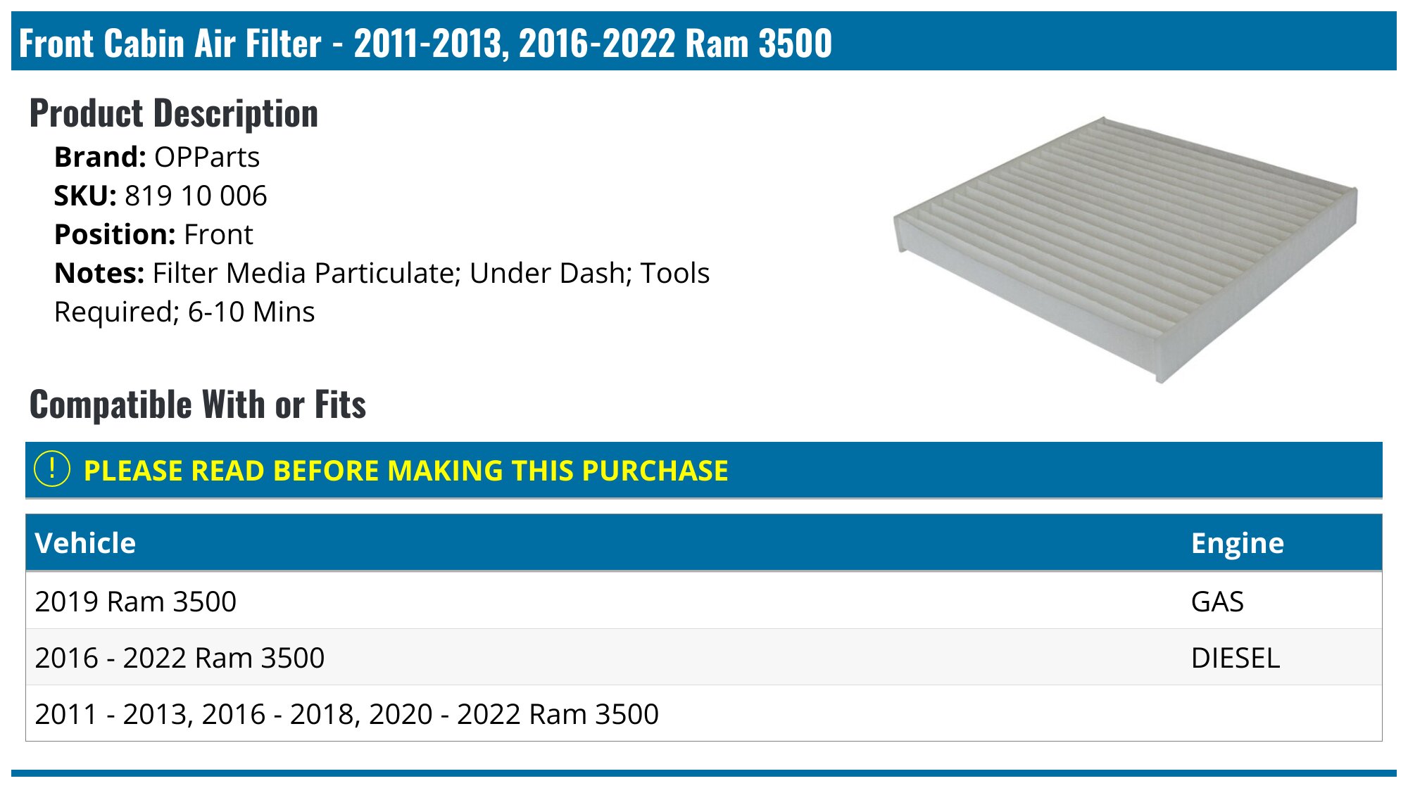 2011-2013, 2016-2022 Ram 3500 Cabin Air Filter - OPParts 819 10 006 ...