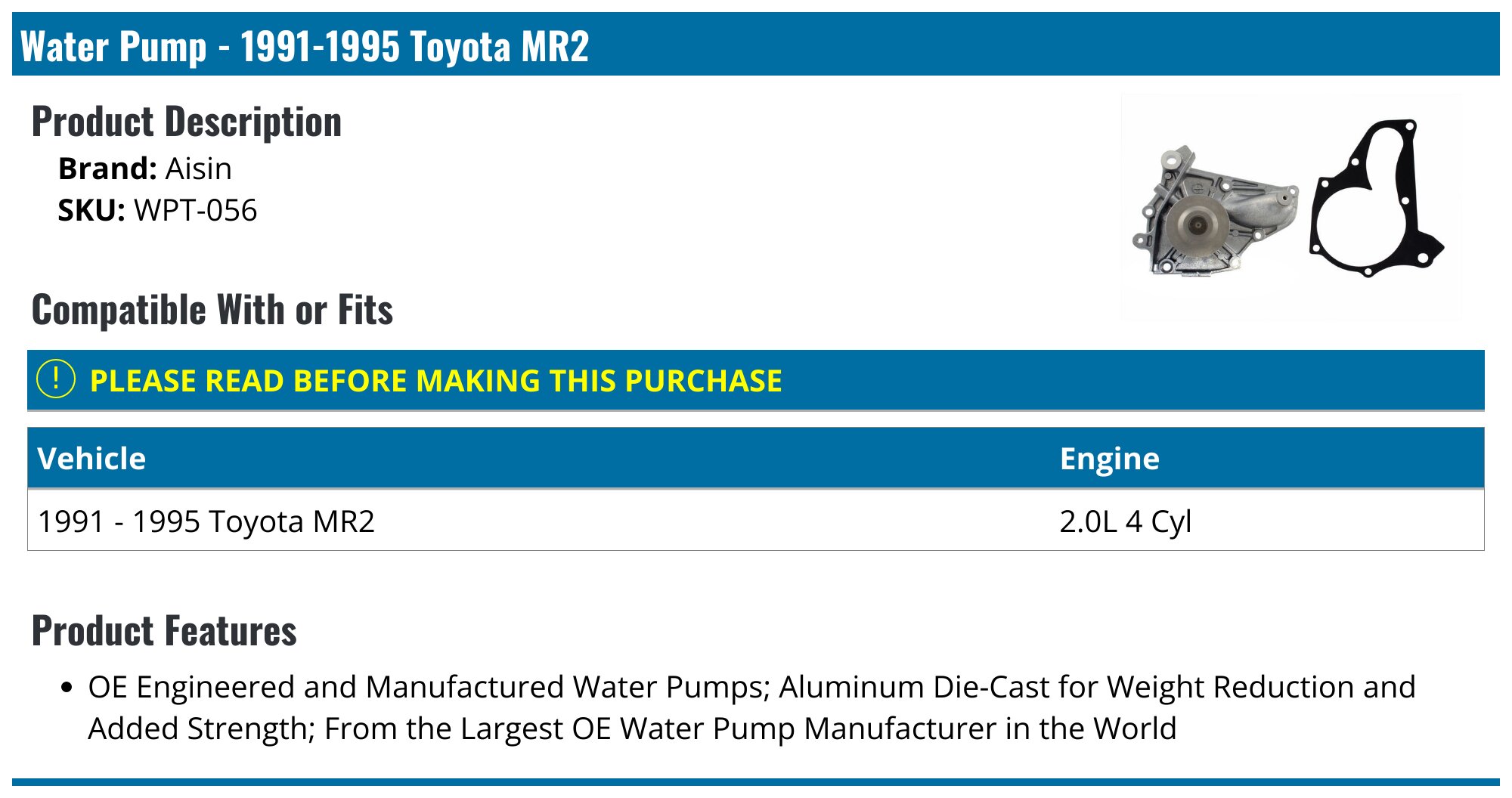 1991-1995 Toyota MR2 Water Pump - Aisin WPT-056 - PartsGeek.com