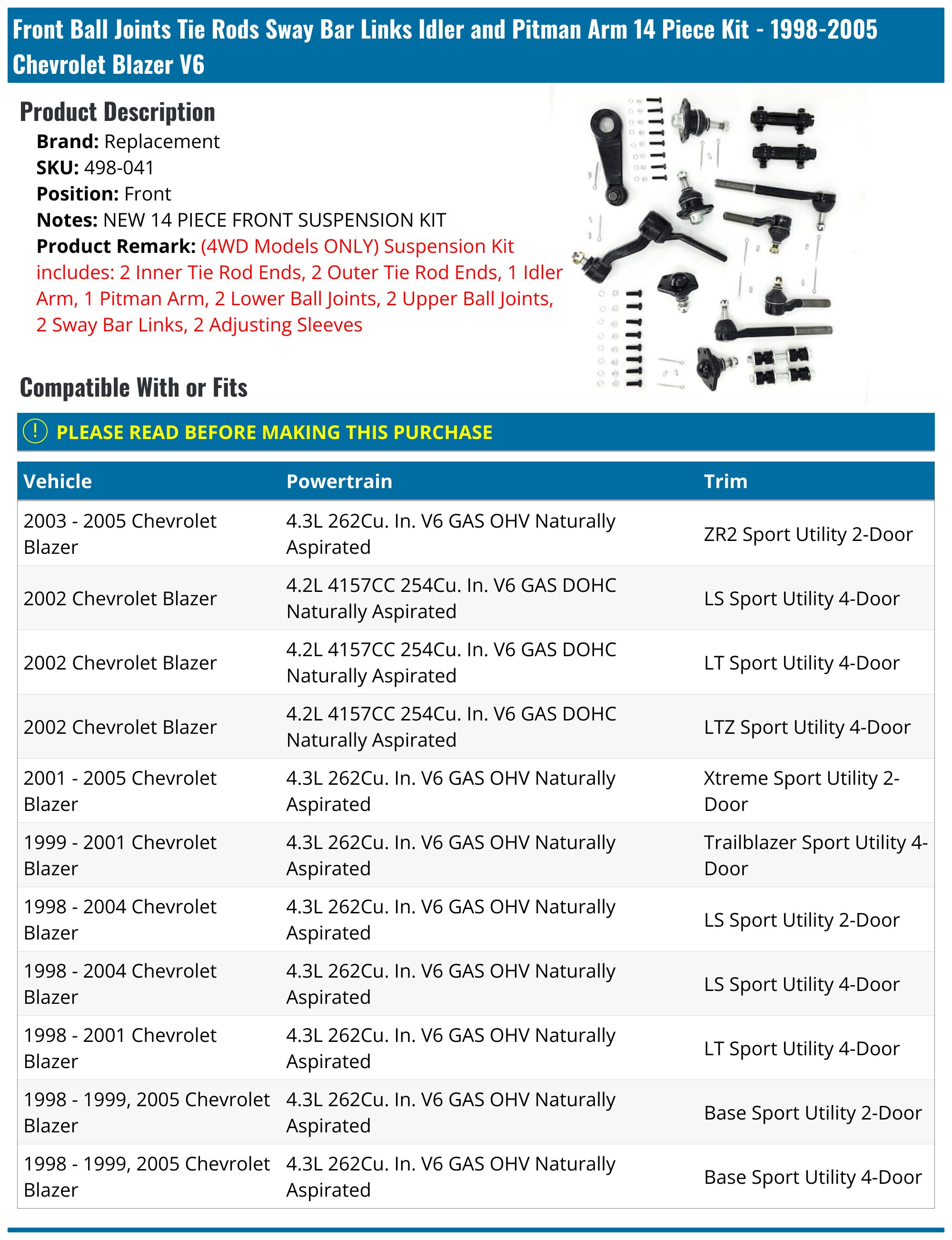 1998-2005 Chevrolet Blazer Ball Joint - Replacement 498-041 - Front ...