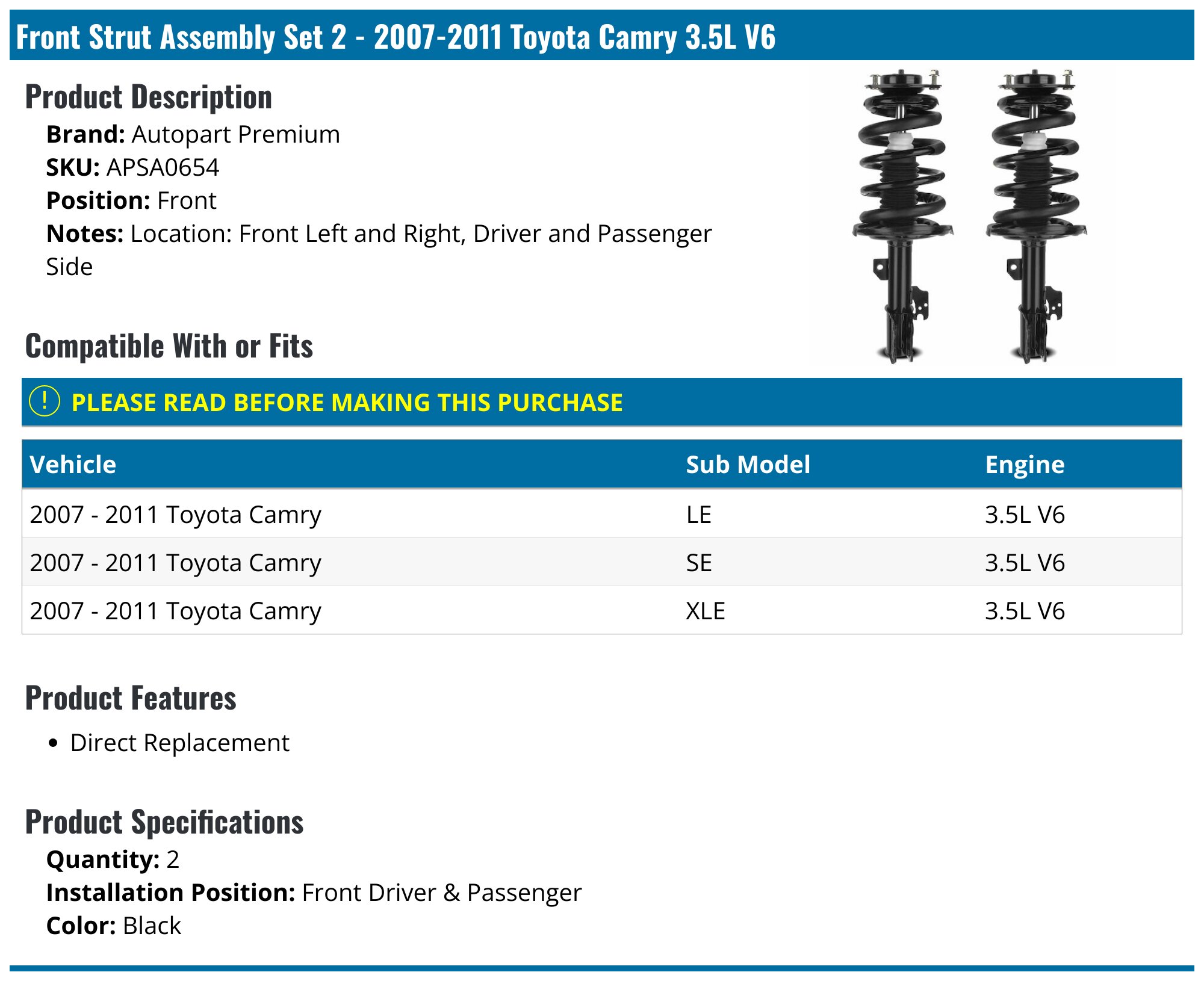 2007-2011 Toyota Camry Strut Assembly - Autopart Premium APSA0654 ...