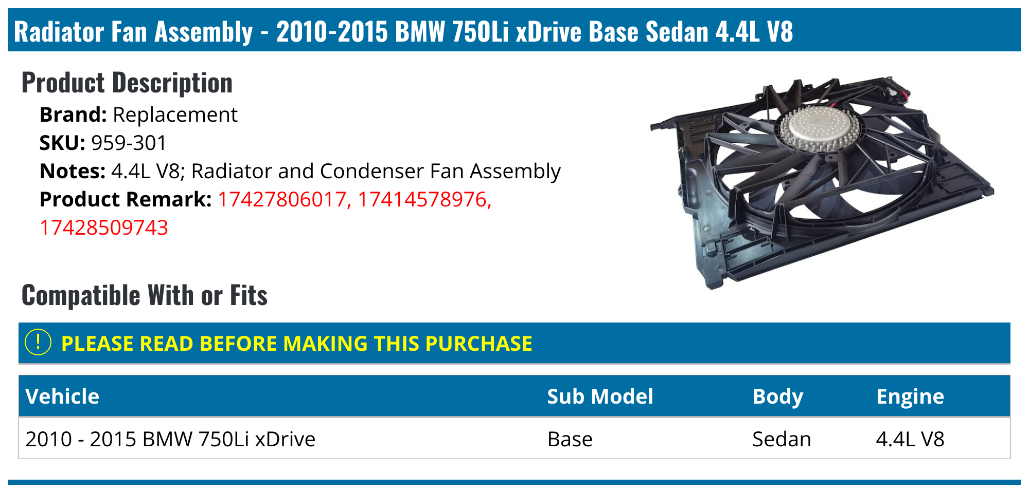 2010-2015 BMW 750Li xDrive Radiator Fan Assembly - Replacement 959-301 ...