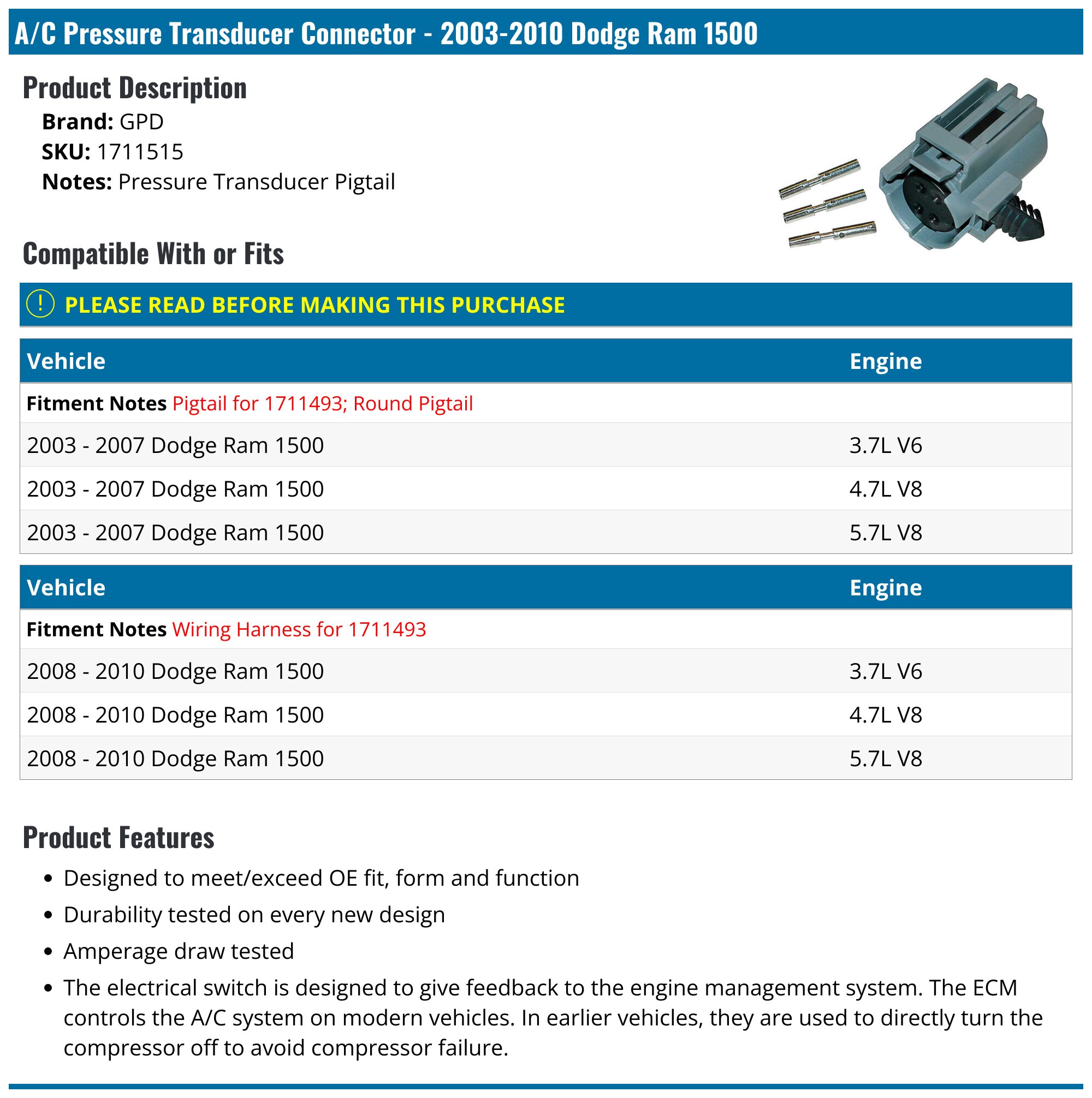 2003-2010 Dodge Ram 1500 A/C Pressure Transducer Connector - GPD ...