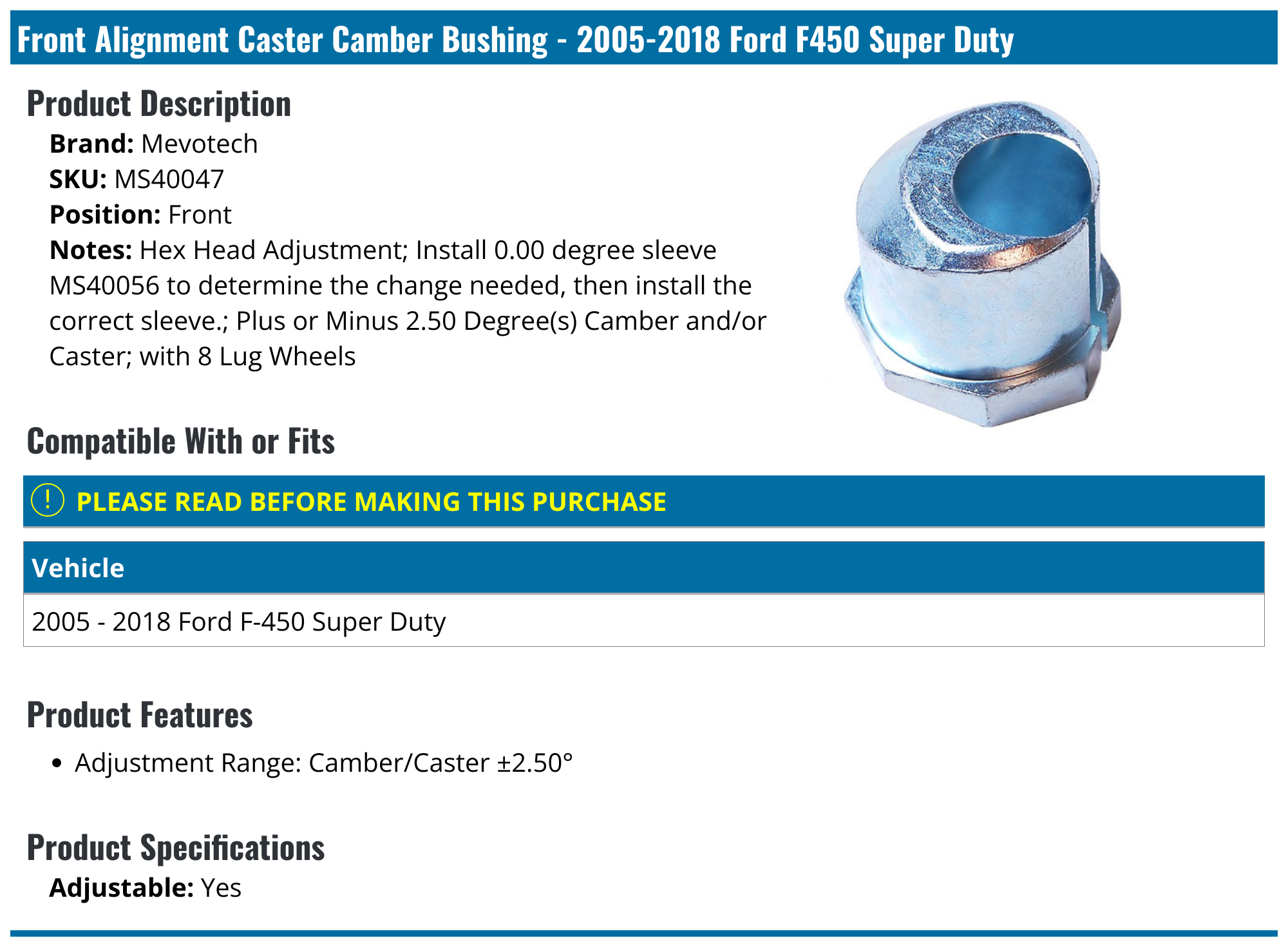 2005-2018 Ford F450 Super Duty Alignment Caster Camber Bushing ...