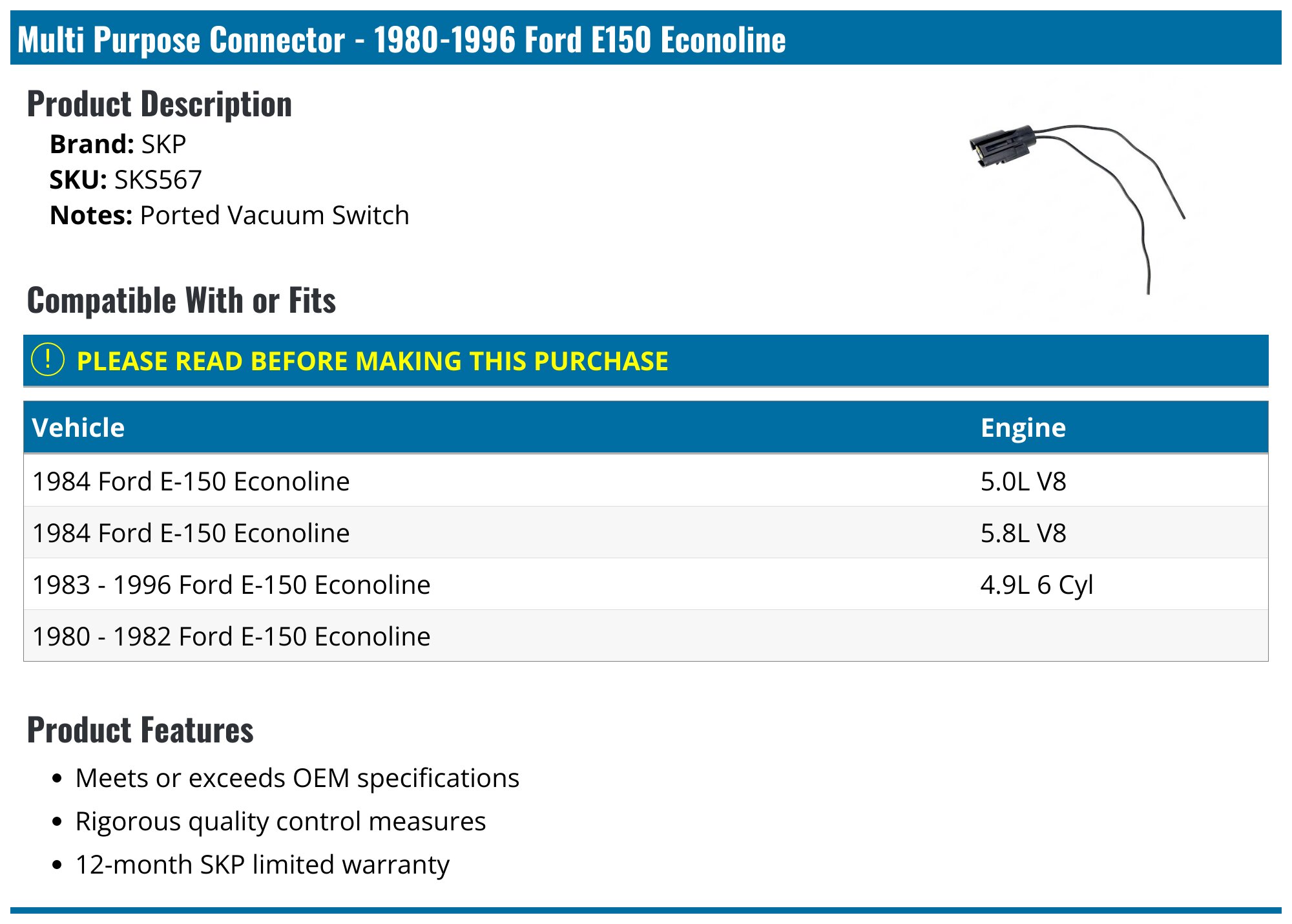 1980-1996 Ford E150 Econoline Multi Purpose Connector - SKP SKS567 ...