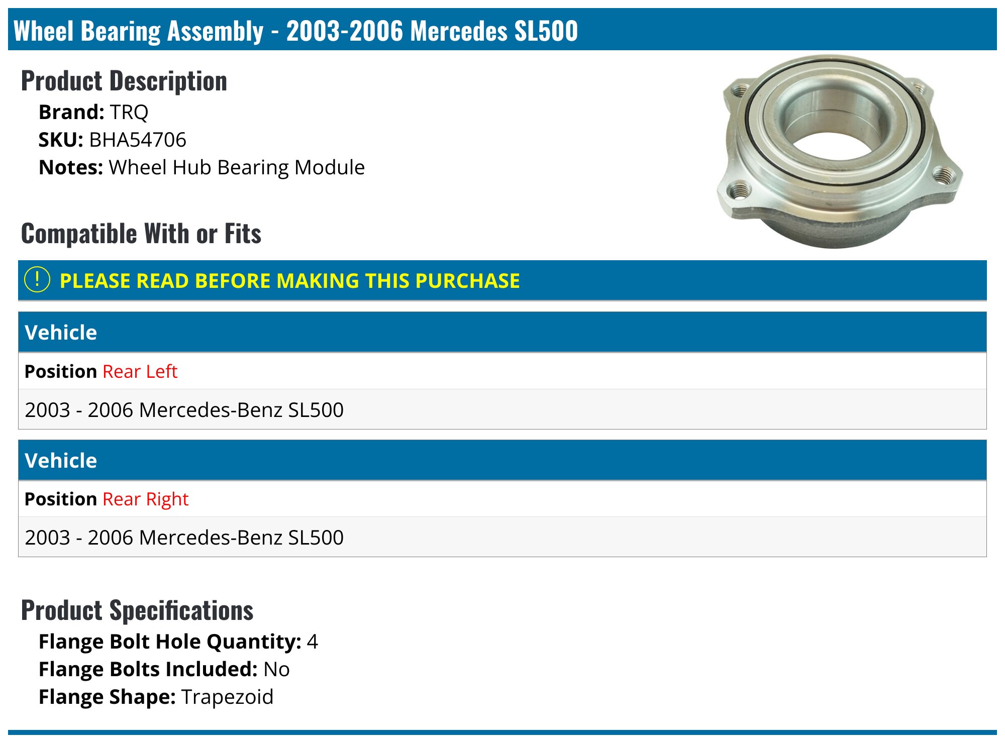 2003-2006 Mercedes SL500 Wheel Hub Assembly - TRQ BHA54706 - Rear Left ...