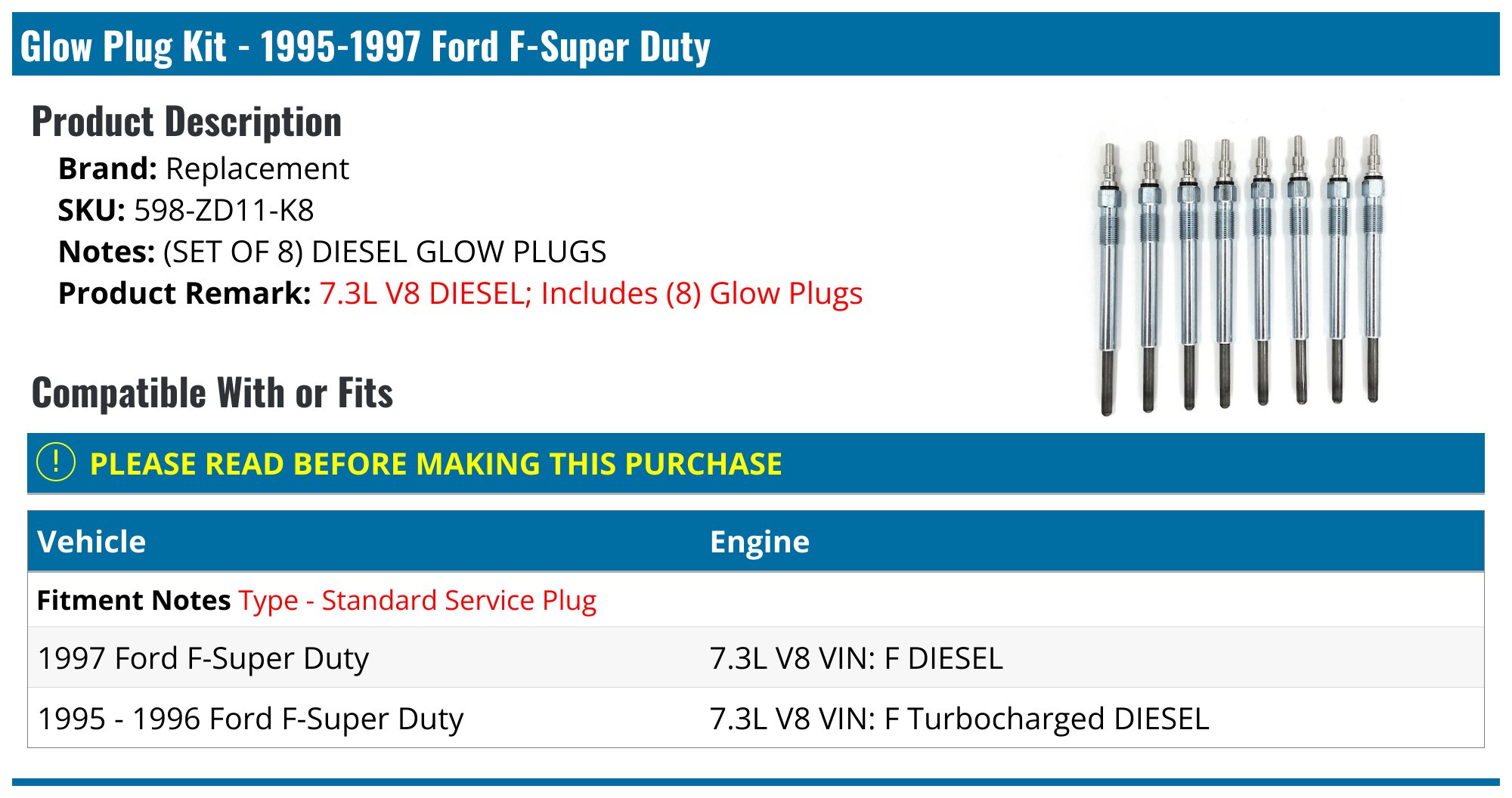 1995-1997 Ford F-Super Duty Glow Plug - Replacement 598-ZD11-K8 ...