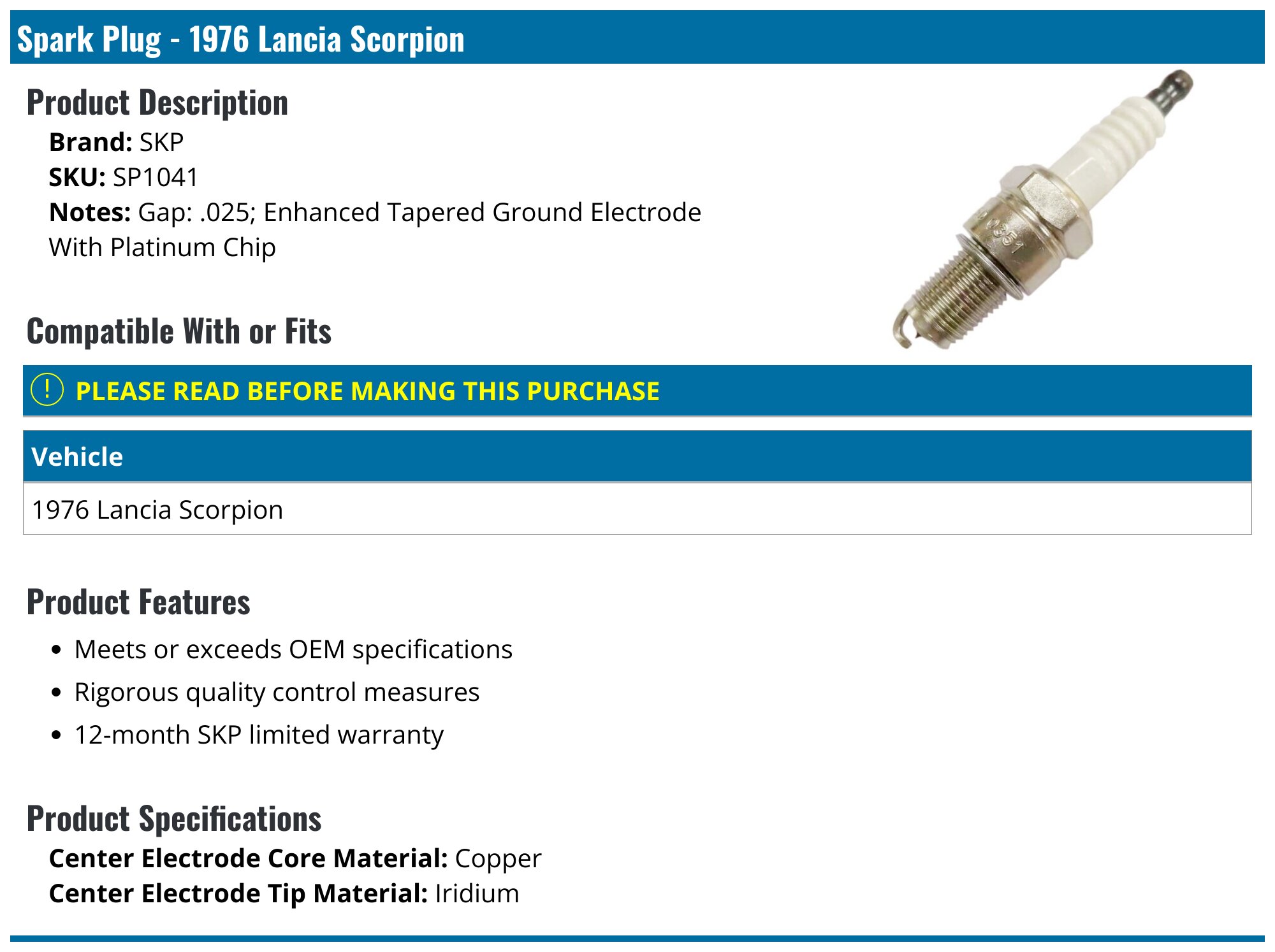 1976 Lancia Scorpion Spark Plug - SKP SP1041 - PartsGeek.com