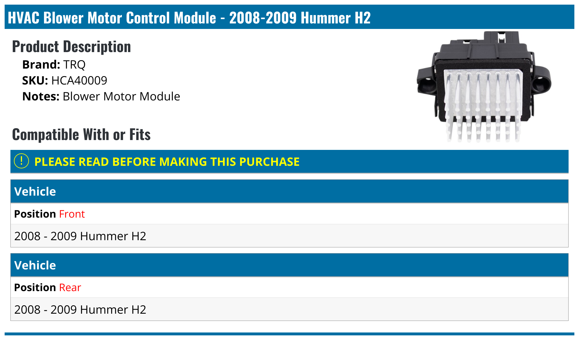 2008-2009 Hummer H2 HVAC Blower Motor Control Module - TRQ HCA40009 ...