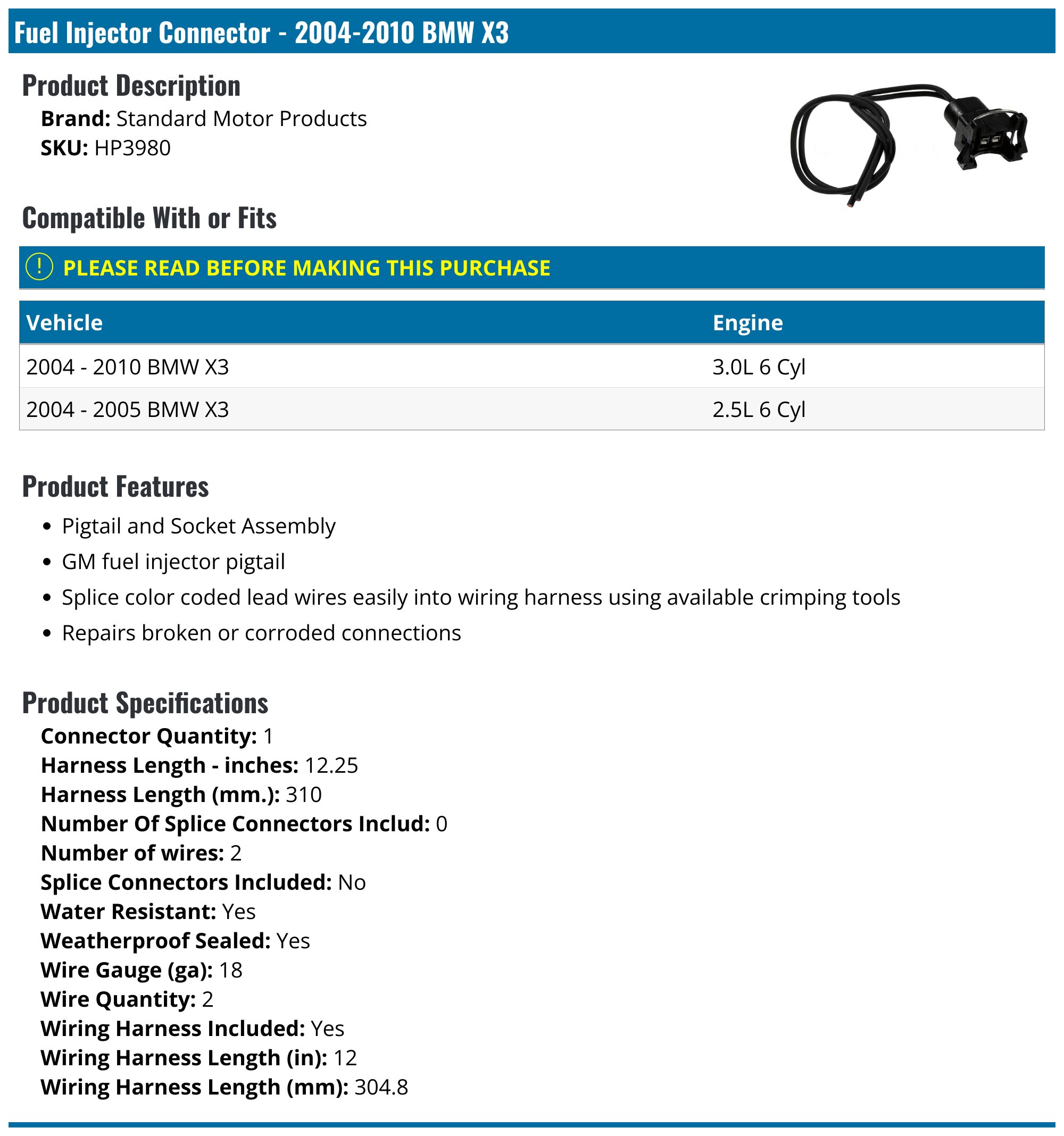 2004-2010 BMW X3 Fuel Injector Connector - Standard Motor Products ...