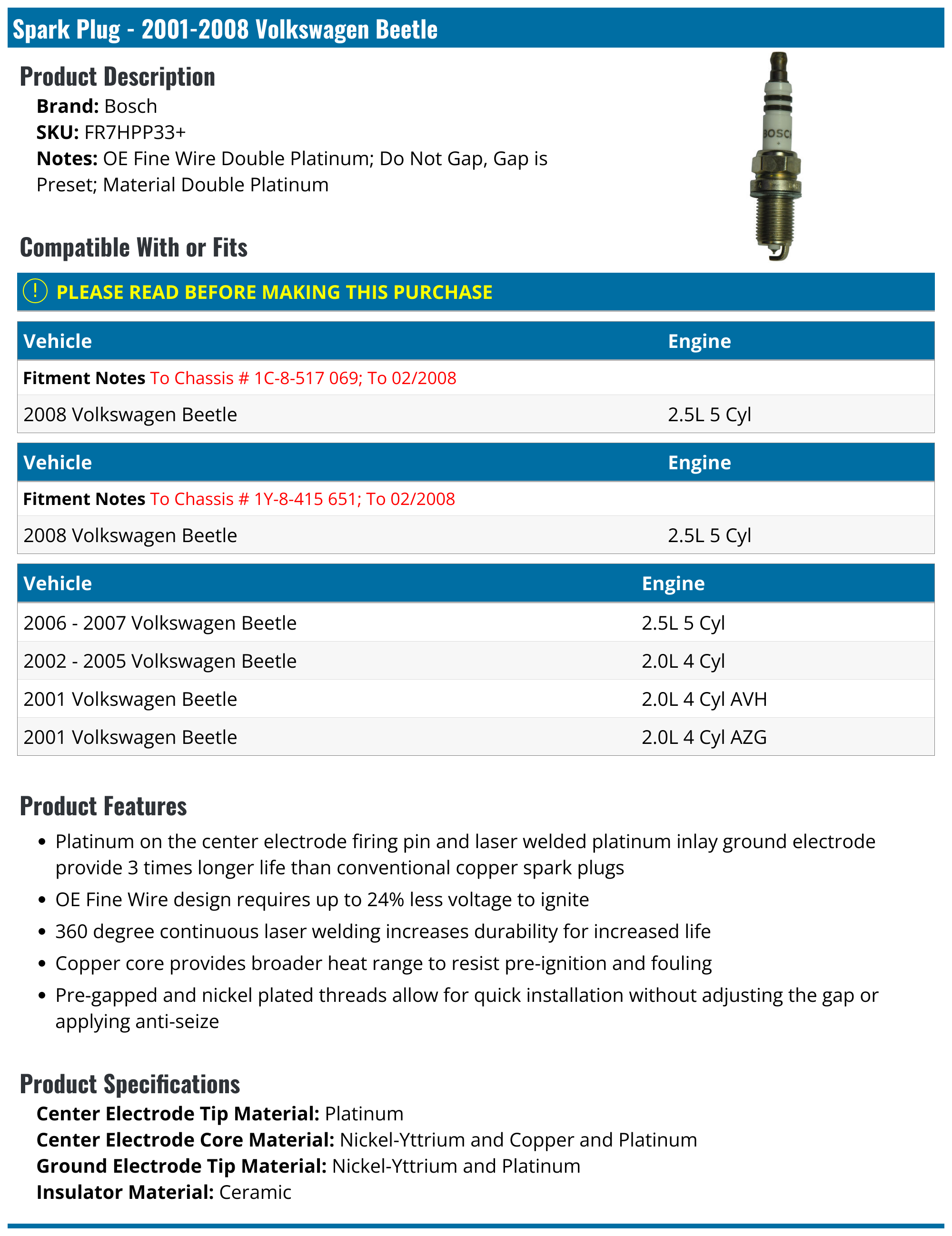 2001-2008 Volkswagen Beetle Spark Plug - Bosch FR7HPP33+ - PartsGeek.com