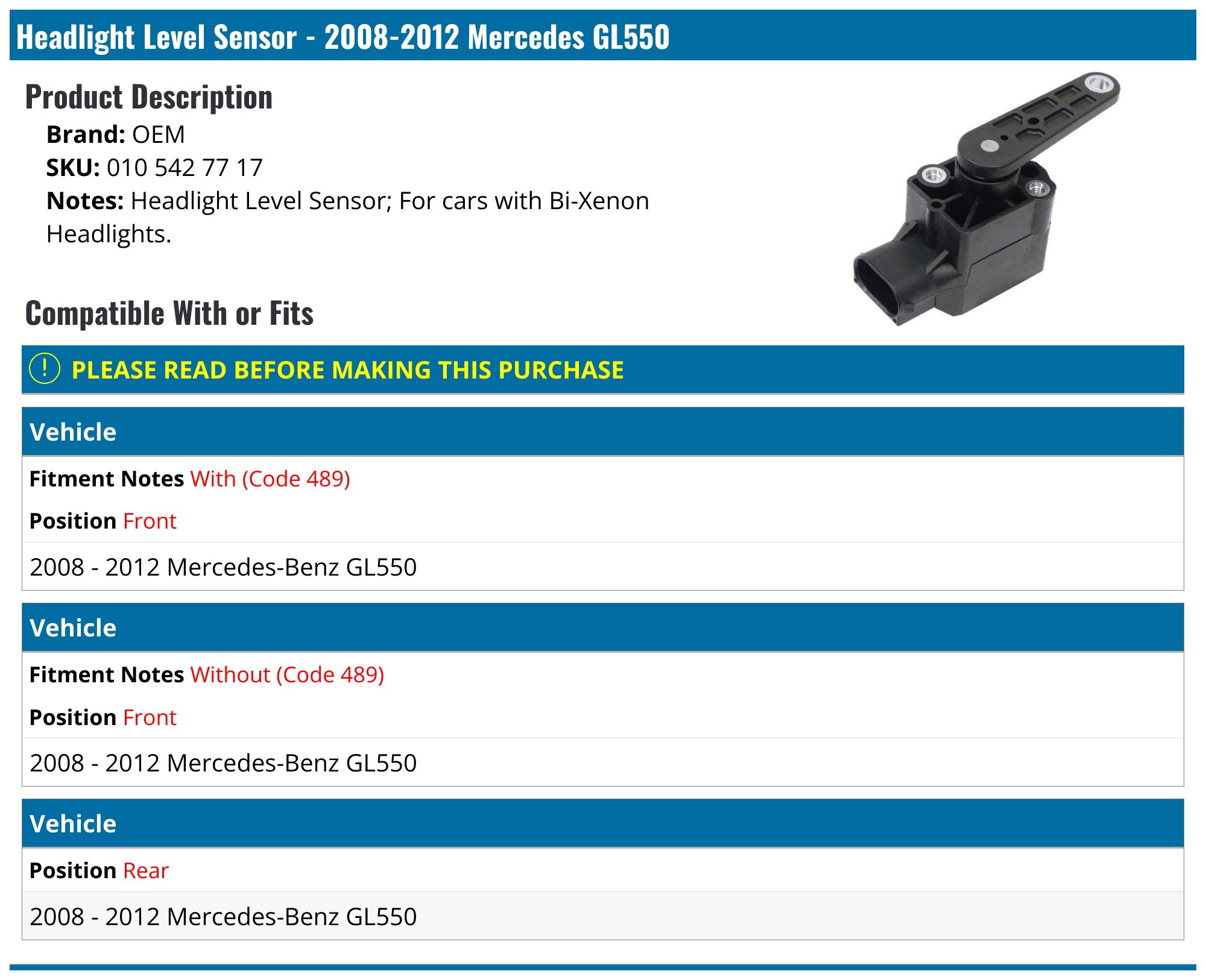 2008-2012 Mercedes GL550 Headlight Level Sensor - OEM 010 542 77 17 ...