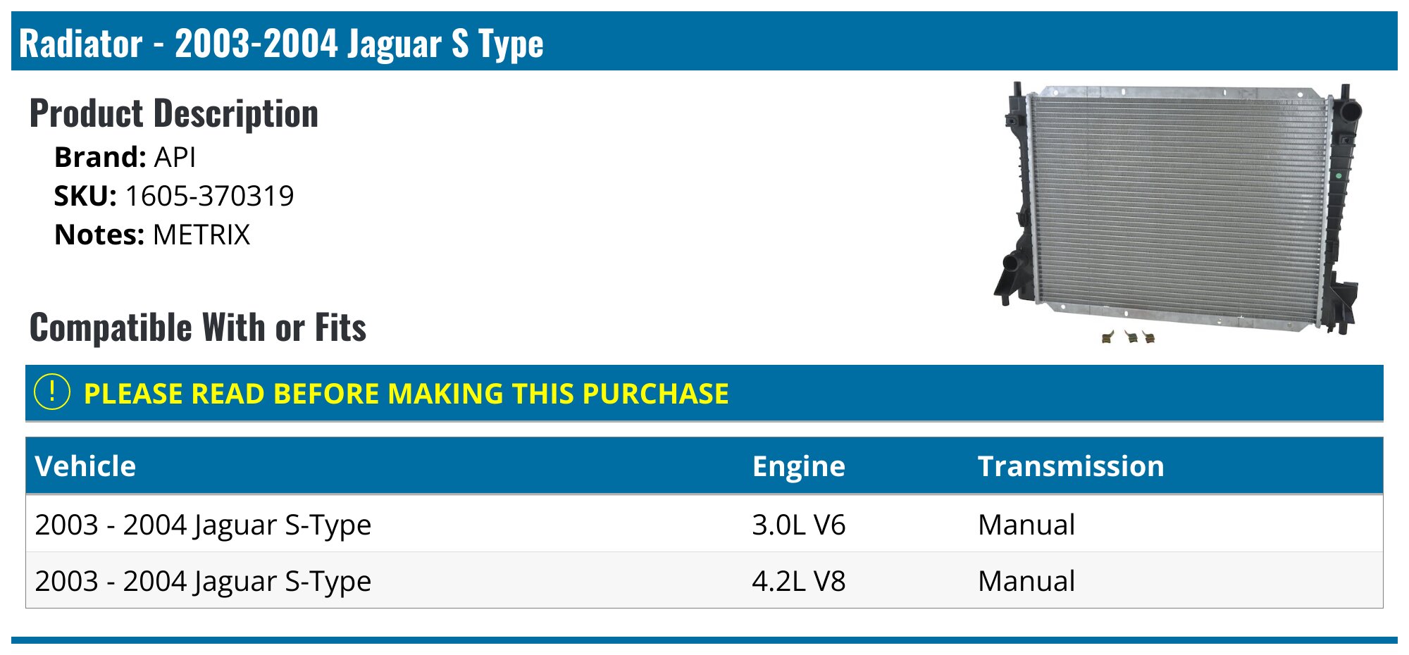 2003-2004 Jaguar S Type Radiator - API 548-07903005 - PartsGeek.com