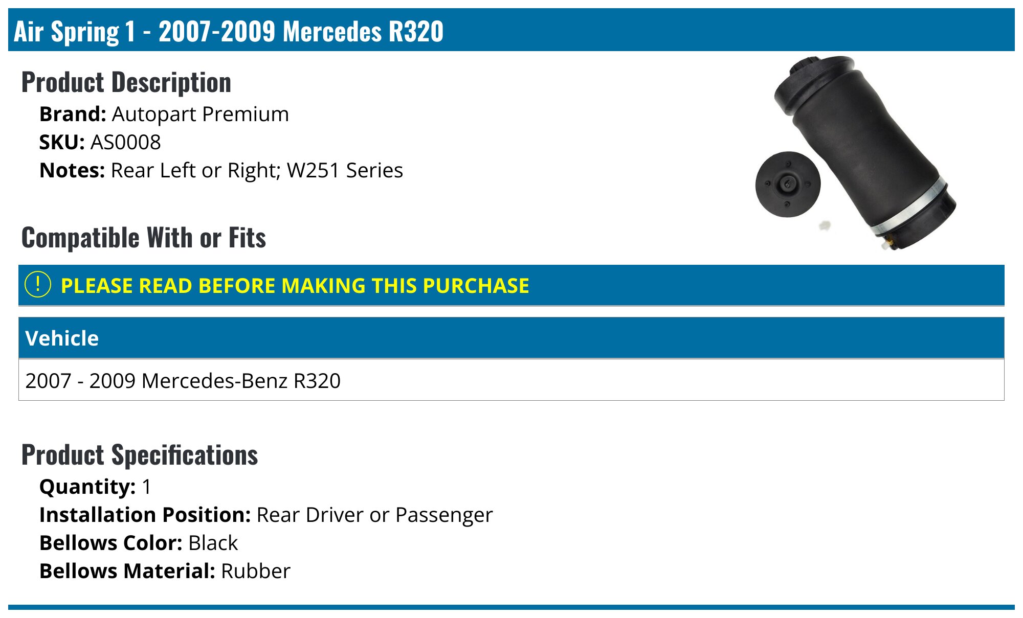 2007-2009 Mercedes R320 Air Spring - Autopart Premium AS0008 - Rear ...