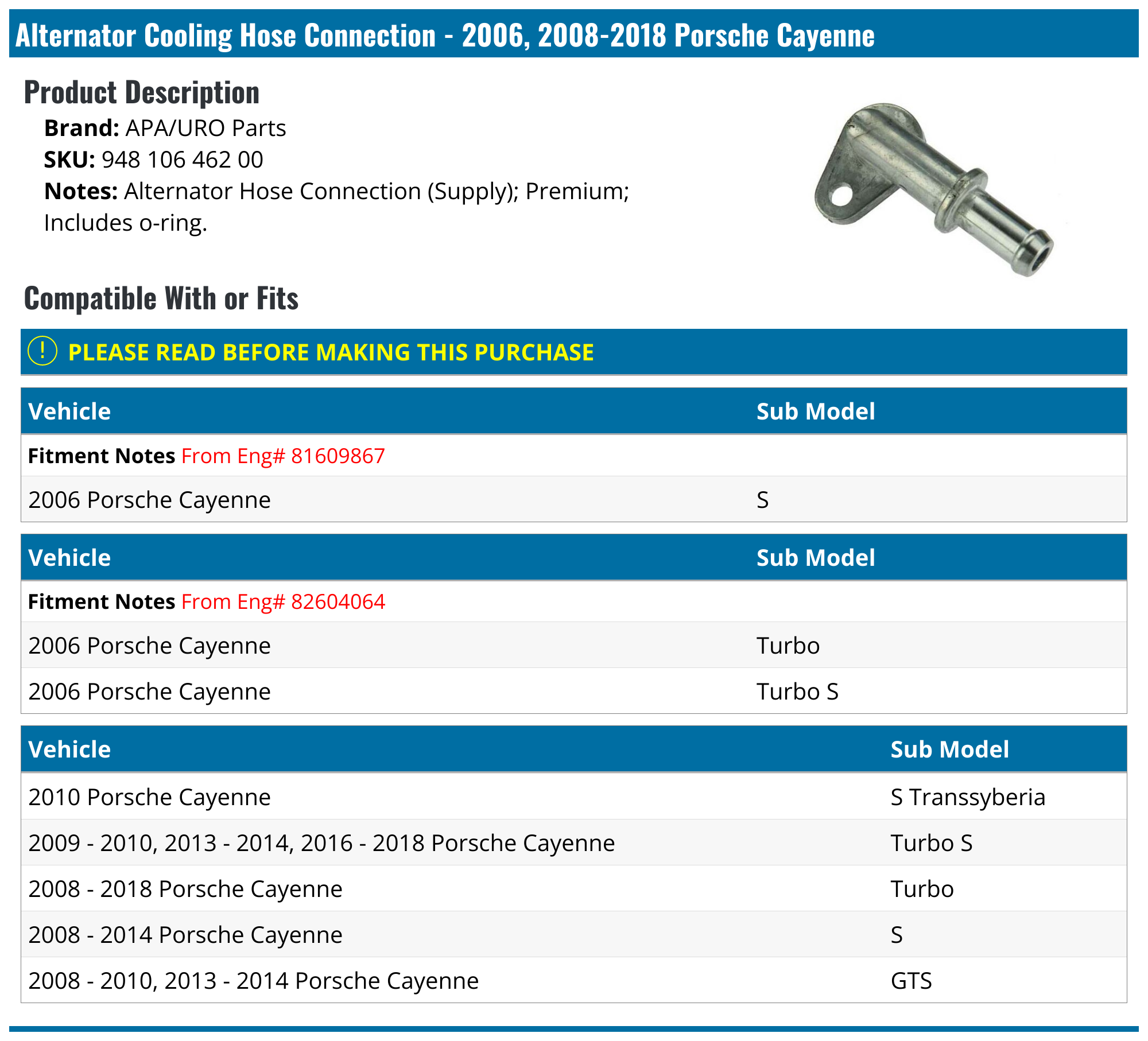 2006, 2008-2018 Porsche Cayenne Alternator Cooling Hose Connection ...
