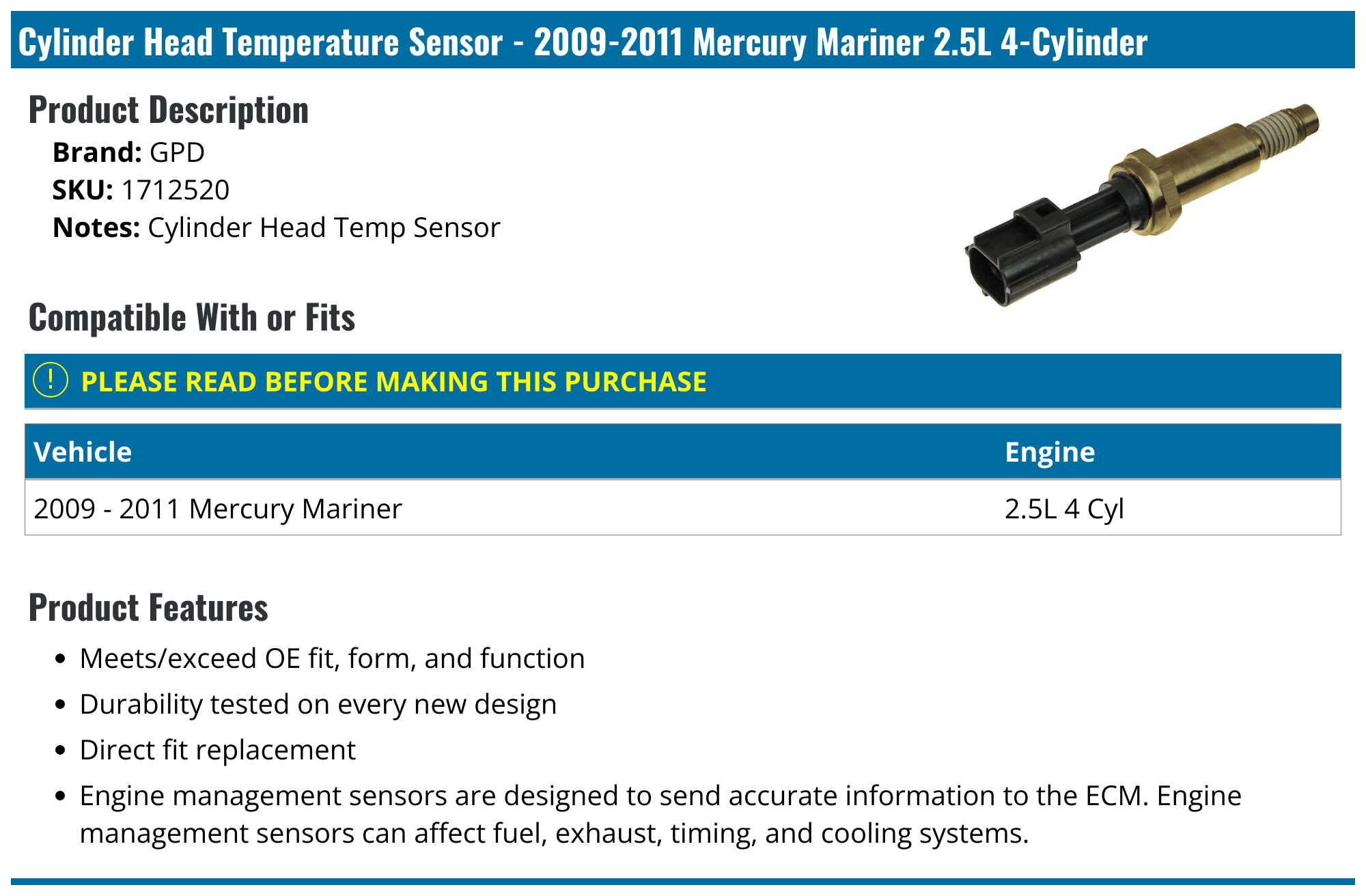 2009-2011 Mercury Mariner Cylinder Head Temperature Sensor - GPD ...