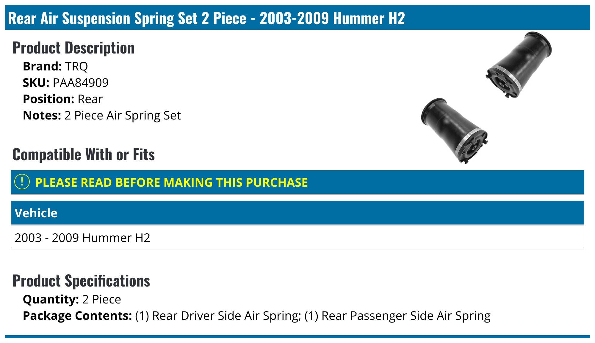 2003-2009 Hummer H2 Air Spring - TRQ PAA84909 - Rear - PartsGeek.com