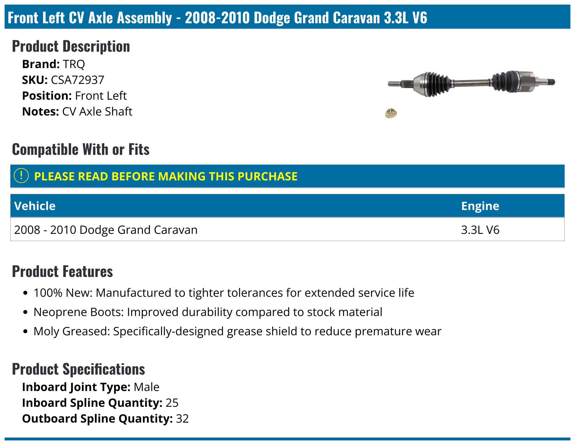 2008-2010 Dodge Grand Caravan Axle Assembly - TRQ CSA72937 - Front Left ...