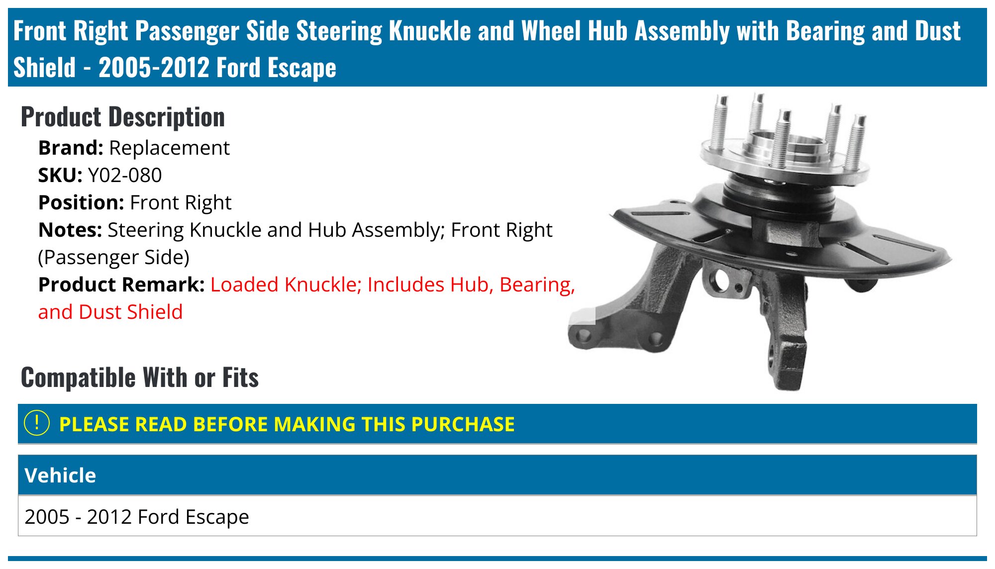2005-2012 Ford Escape Wheel Hub Assembly - Replacement Y02-080 - Front ...