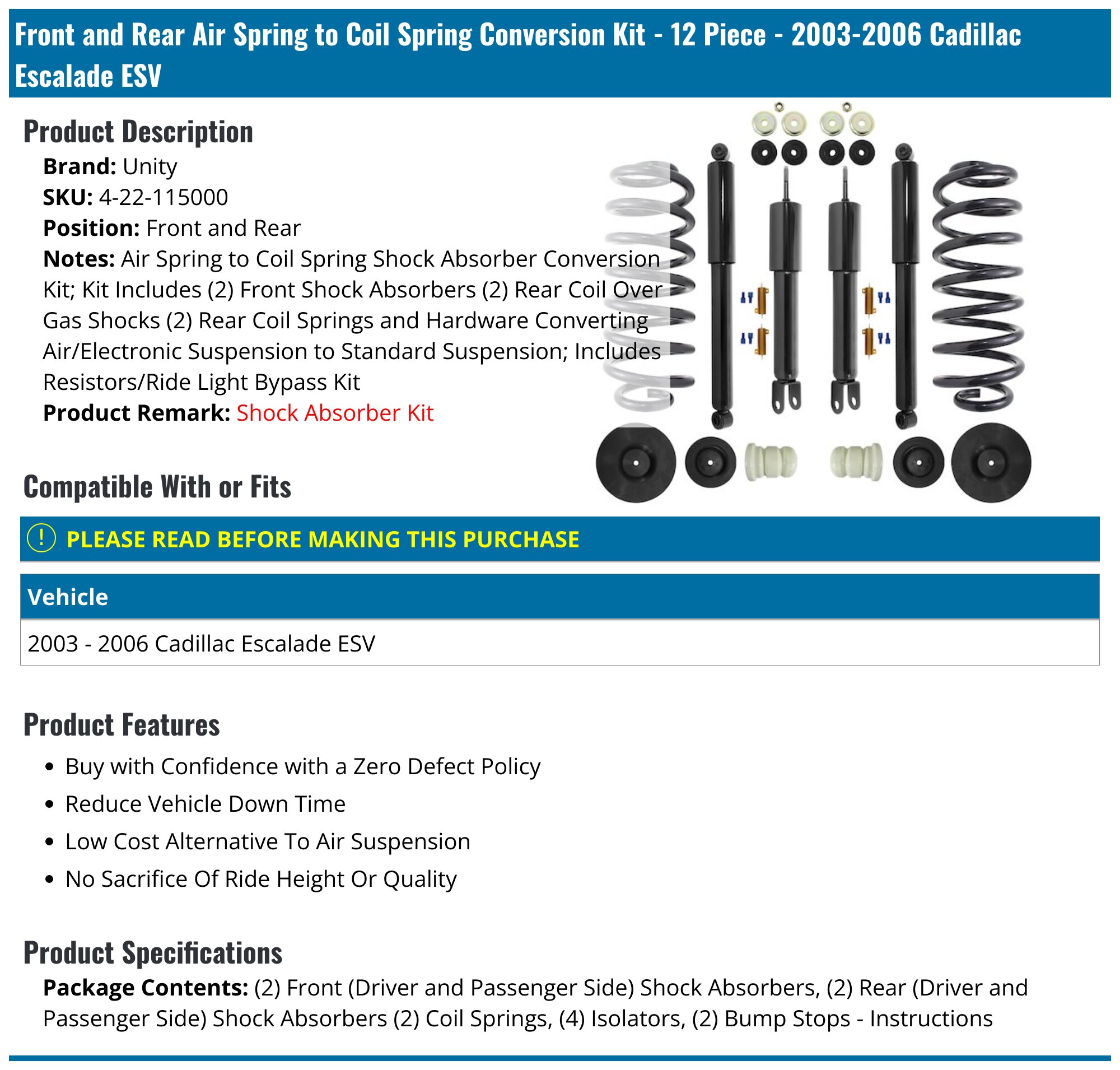 2003-2006 Cadillac Escalade ESV Air Spring to Coil Spring Conversion ...